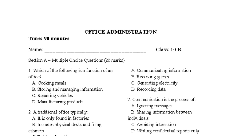 Office Administration Quiz - Class 10B Section A (90 min) - Studocu