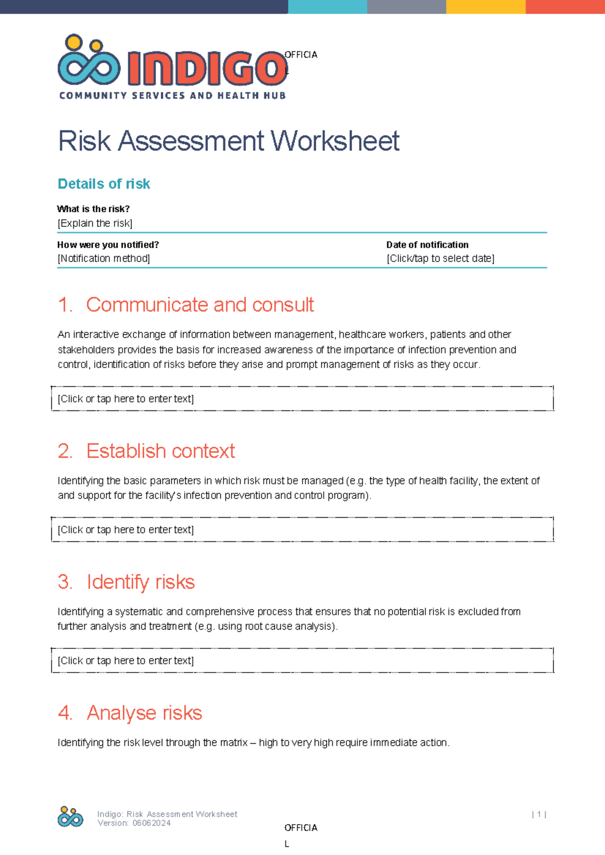 Indigo FRM Risk Assessment Worksheet Guide for Infection Control - Studocu