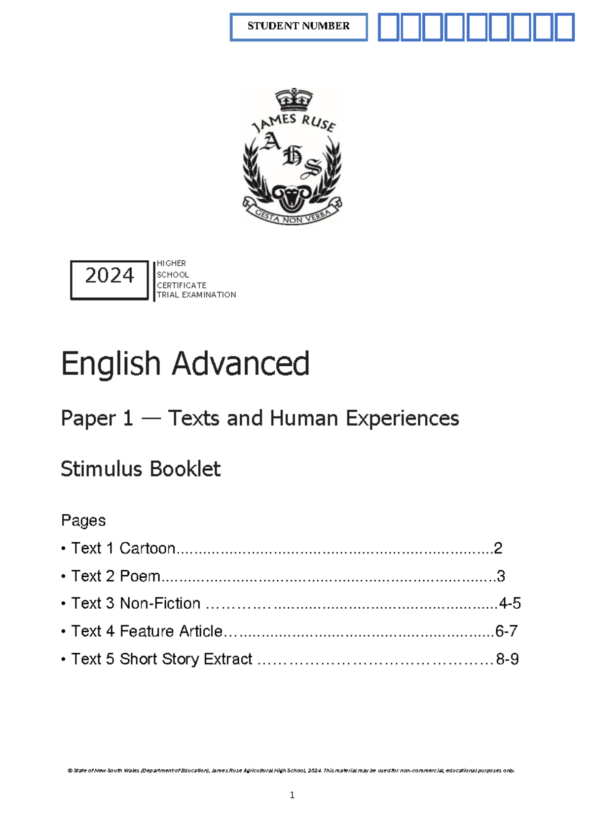 James Ruse HSC Trial Exam 2024: English Advanced Paper 1 Stimulus - Studocu