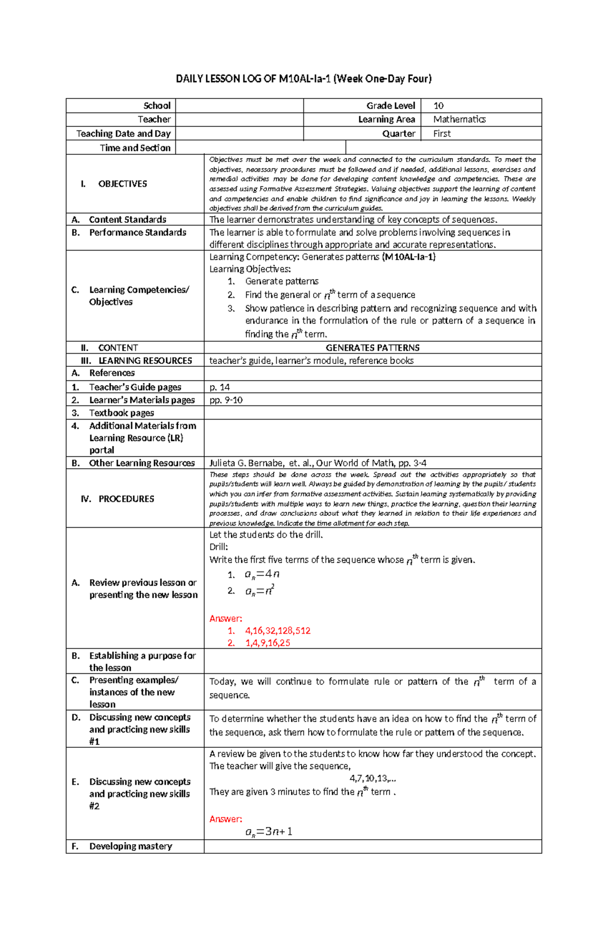 I-Day 4 - Daily Lesson Plan - DAILY LESSON LOG OF M10AL-Ia-1 (Week One ...