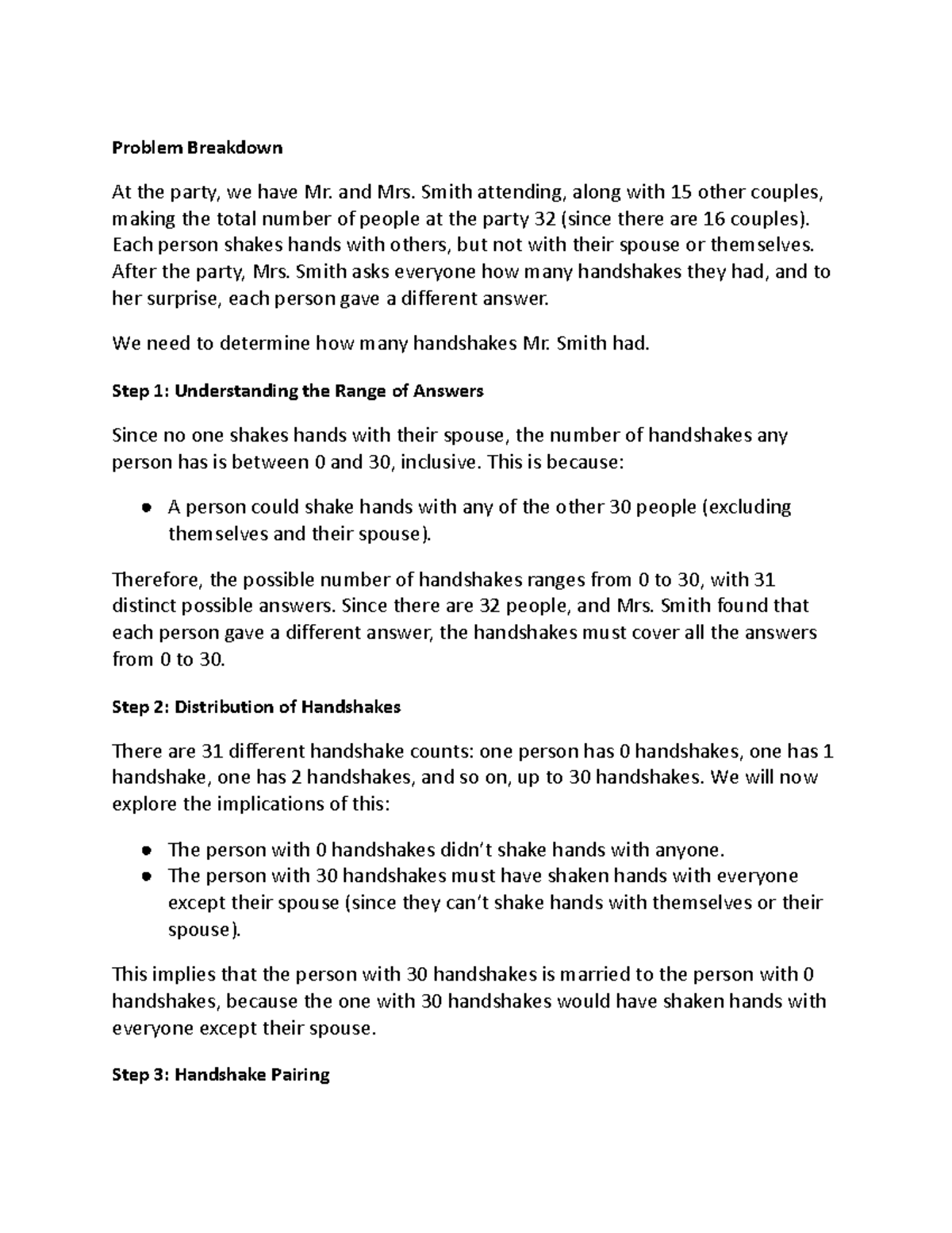 Handshake Problem Analysis: Mr. Smith's Count at the Party - Studocu