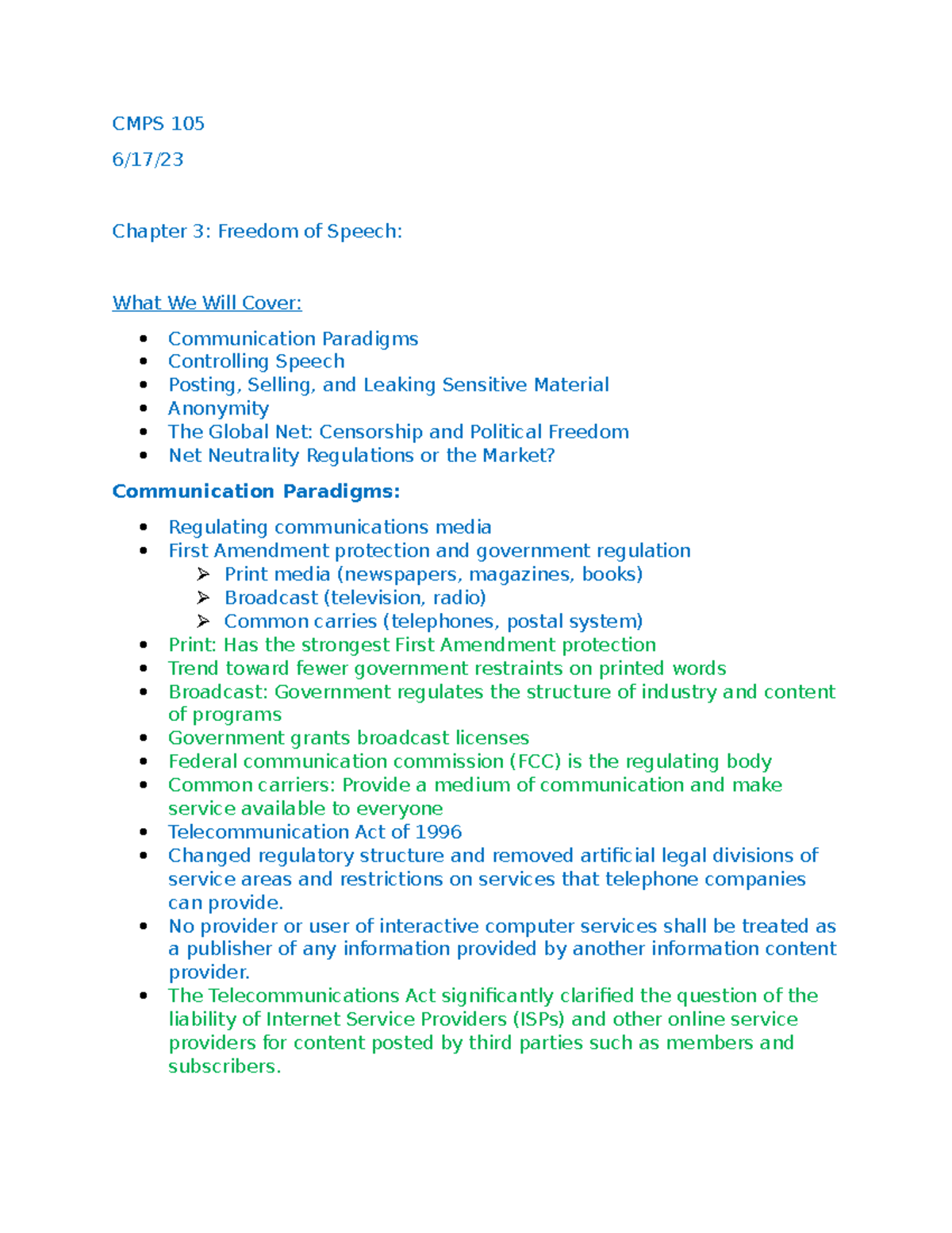 CMPS 105 Chapter 3 Notes: Understanding Freedom of Speech Issues - Studocu