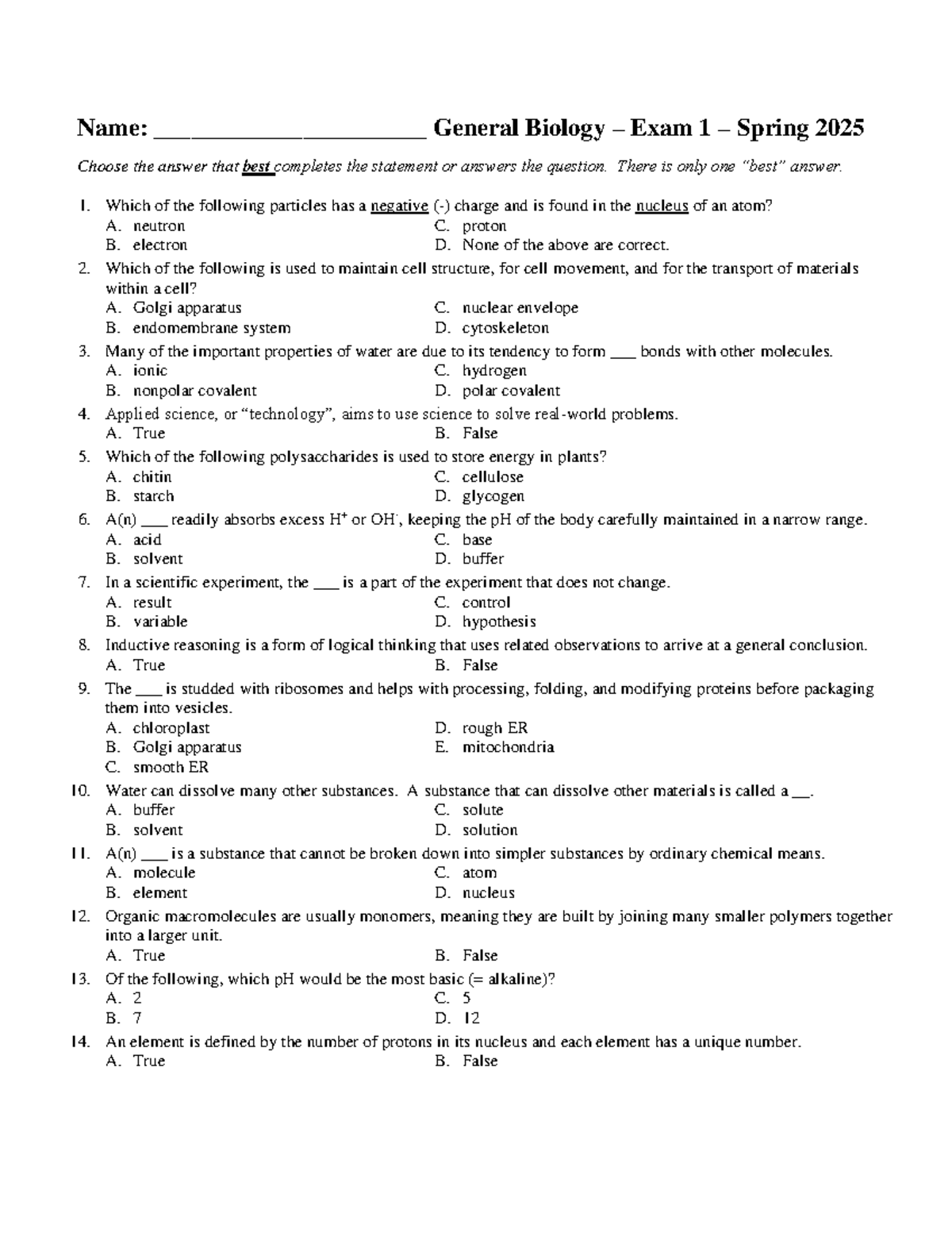 General Biology Exam 1 Study Guide - Spring 2025 - Studocu