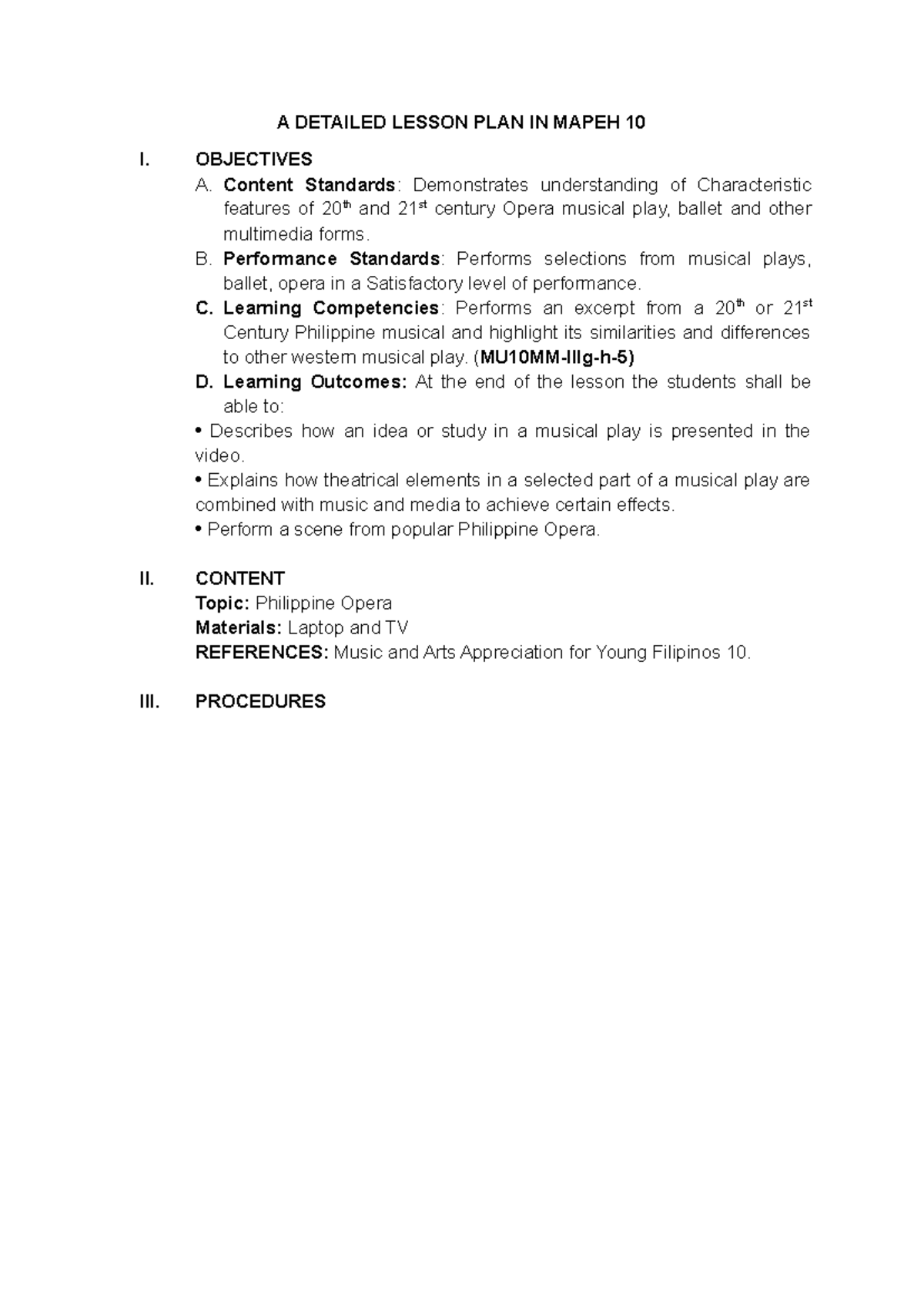 MAPEH 10: Detailed Lesson Plan on Philippine Opera - Studocu