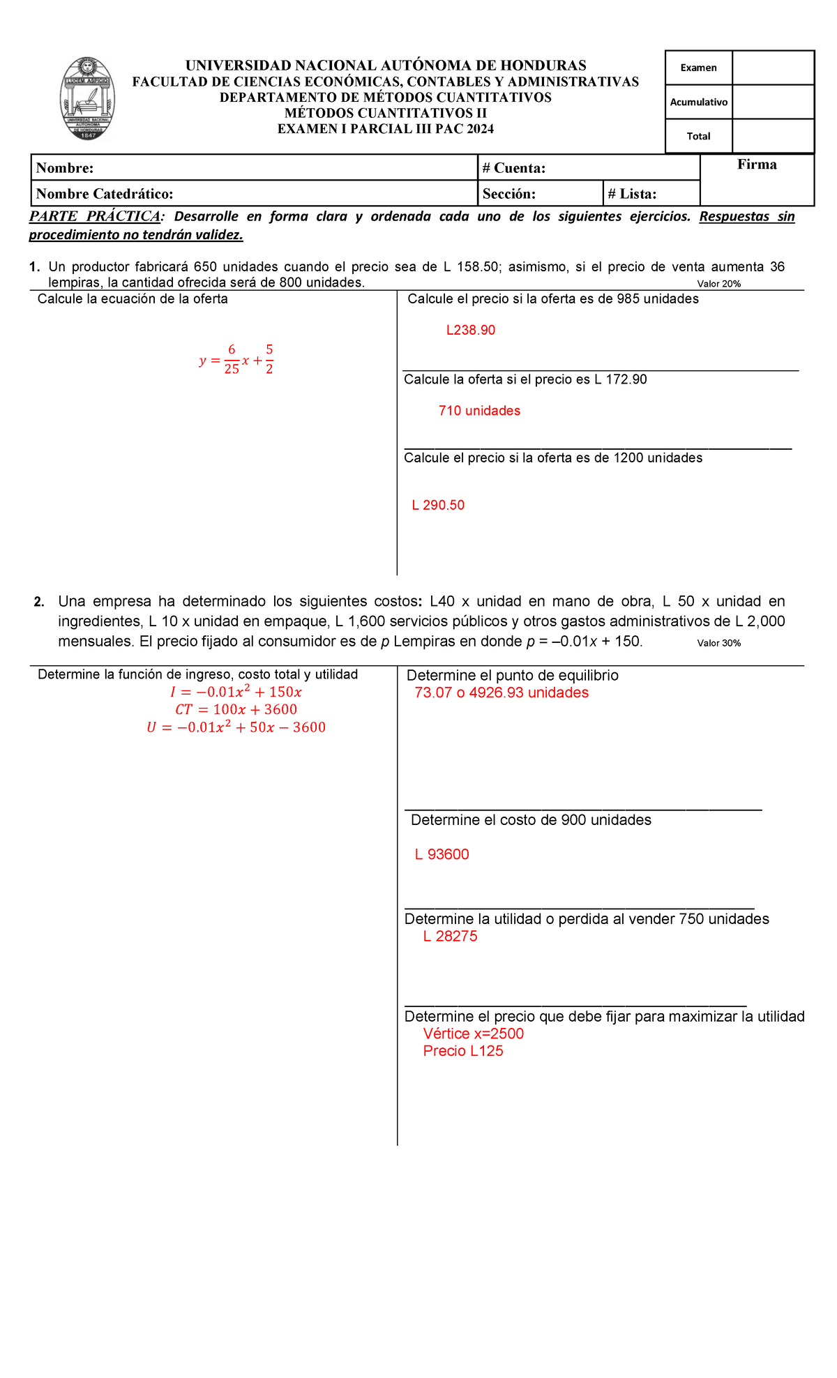 Métodos Cuantitativos II - Examen I Parcial PAC 2024 - Studocu