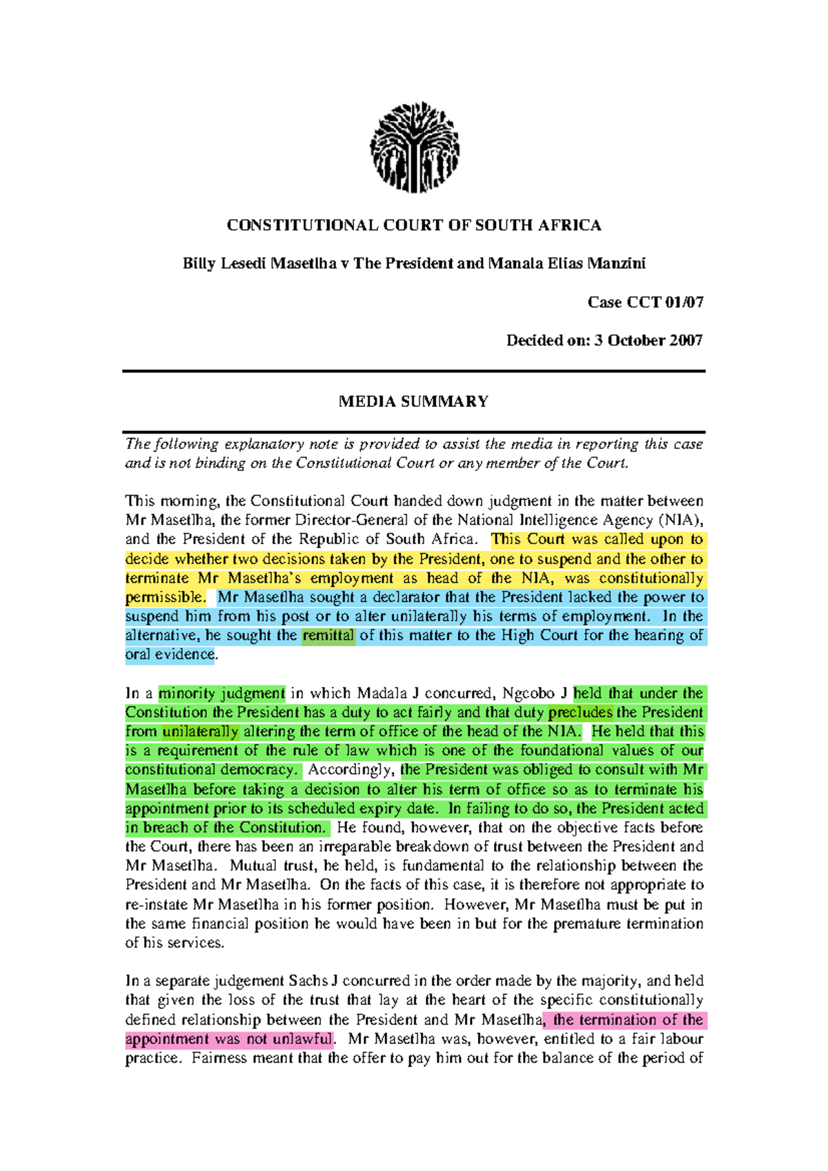 Masetlha v President of RSA: Constitutional Court Judgment Summary ...