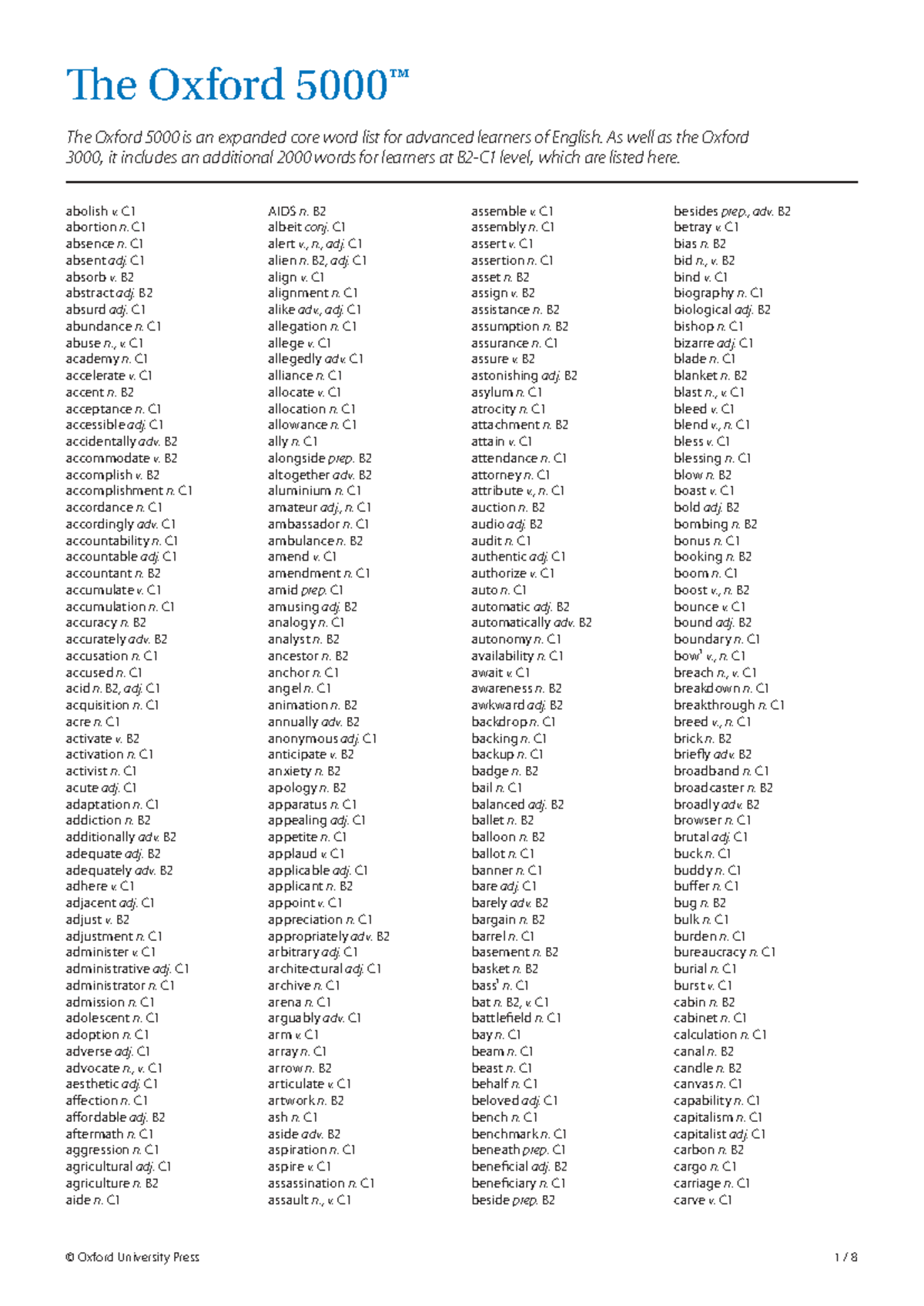 The Oxford 5000™ Vocabulary List for Advanced Learners - Studocu