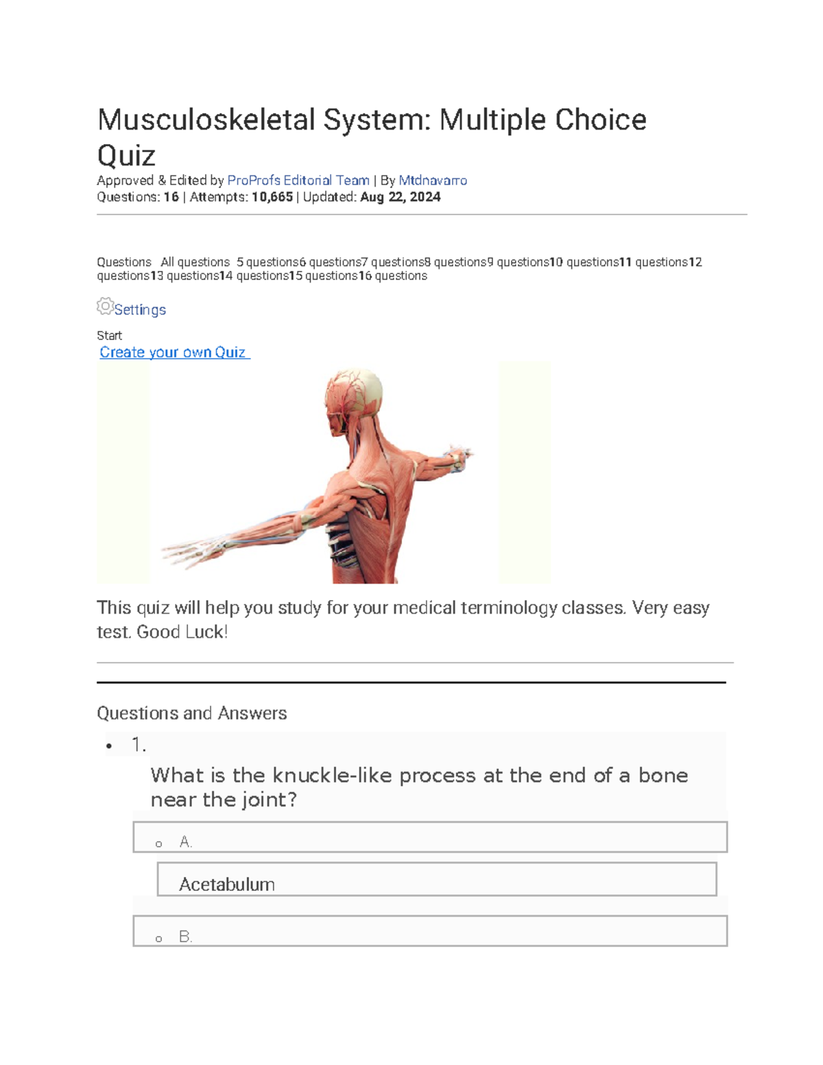 Musculoskeletal System Quiz: MCQs for Medical Terminology - Studocu