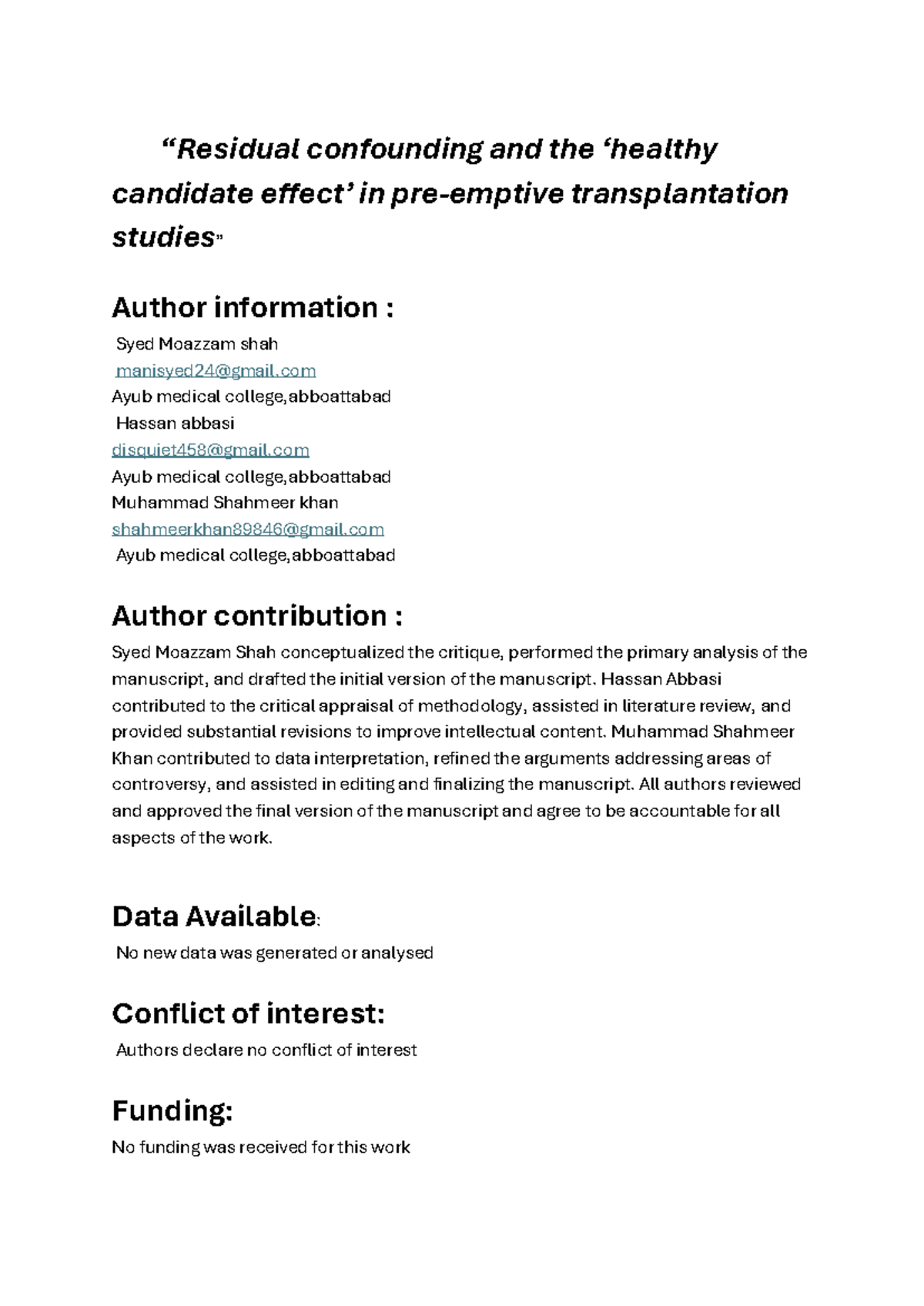 Critical Appraisal of Confounding in Pediatric Transplantation KRT ...