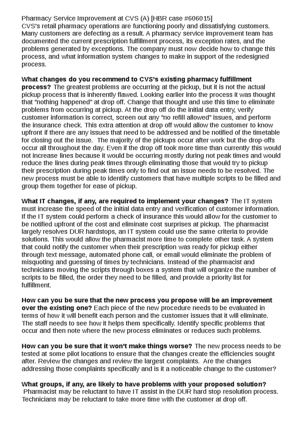 Pharmacy Service Improvement Recommendations (CVS Case Study) - Studocu