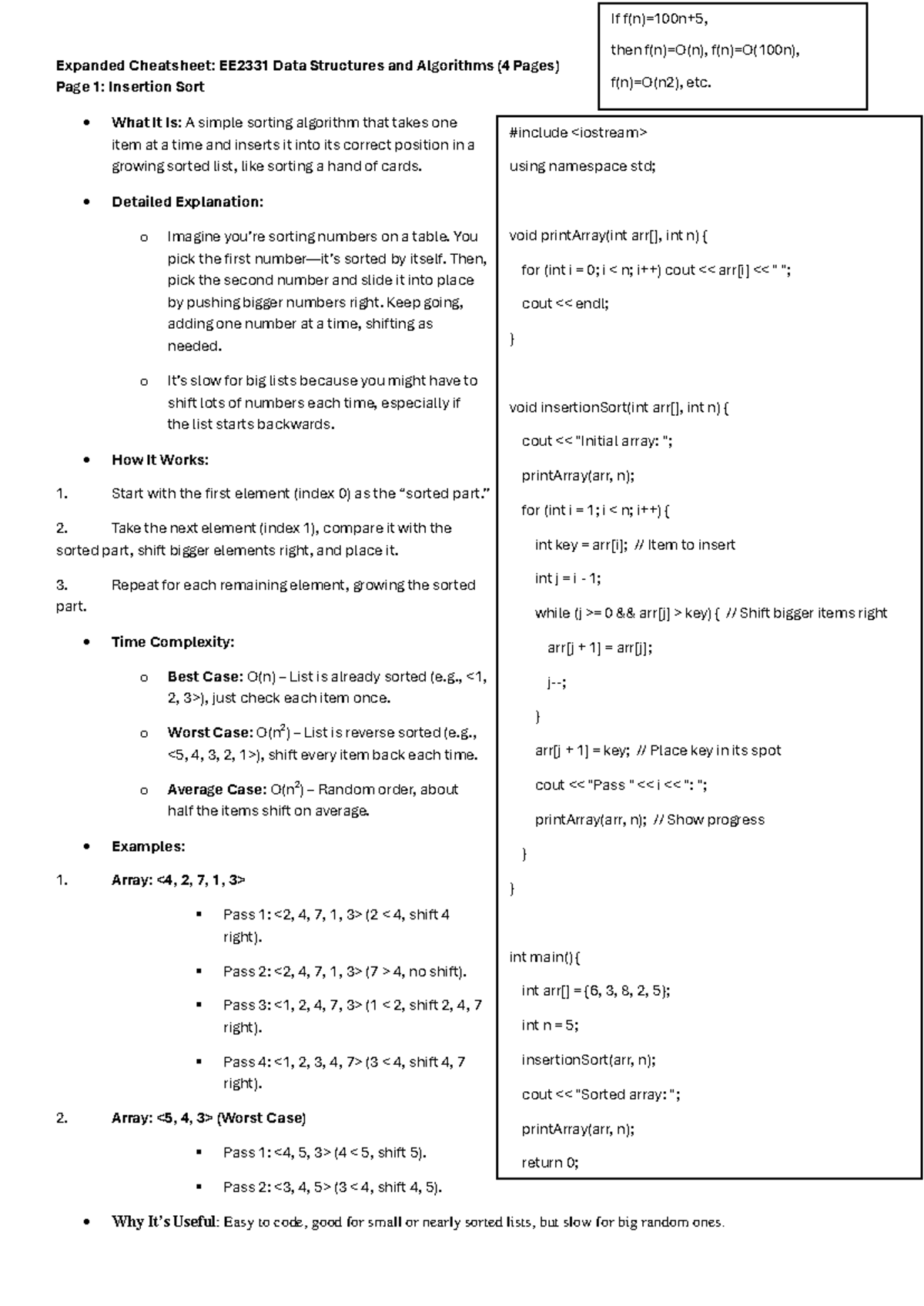 EE2331 Expanded Cheatsheet: Data Structures & Algorithms Overview - Studocu