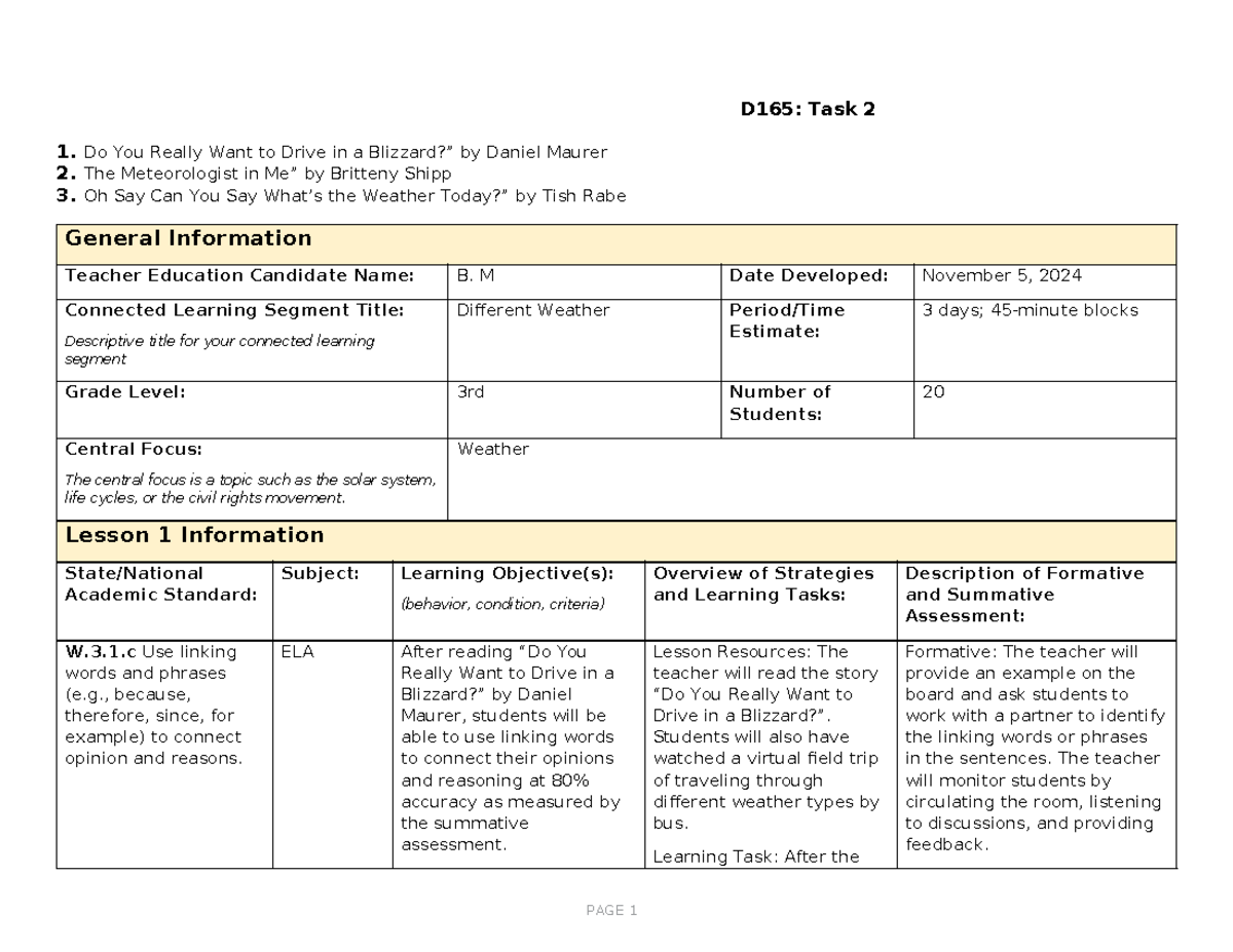 D165 Task 2: Engaging 3rd Graders in Weather Lessons - Studocu