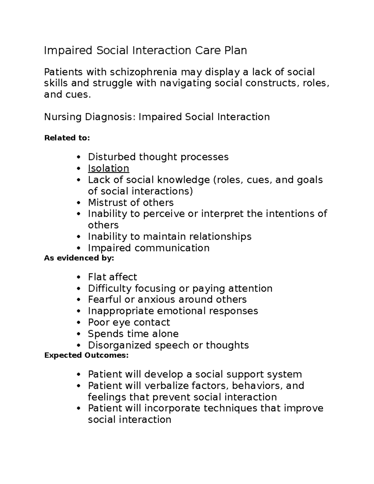 Impaired Social Interaction Care Plan - Impaired Social Interaction ...