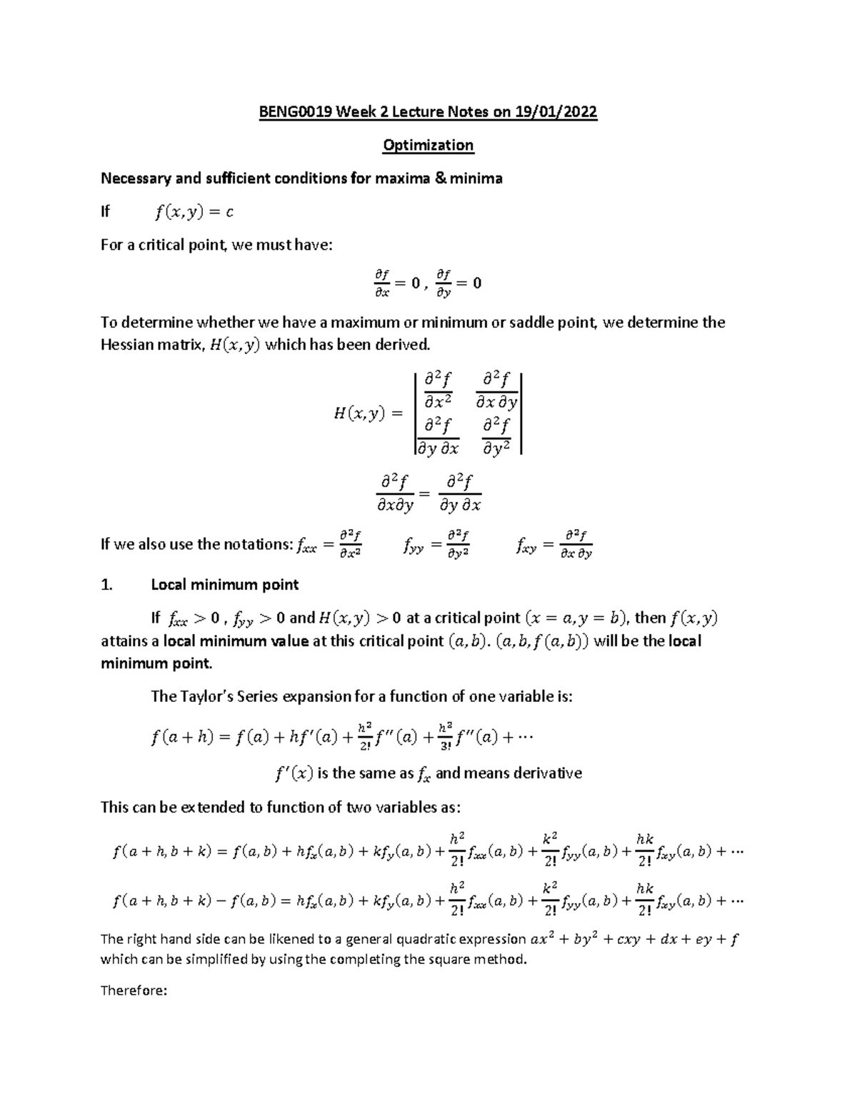 Typed Version of Week 2 Hand Written Notes - BENG0019 Week 2 Lecture ...