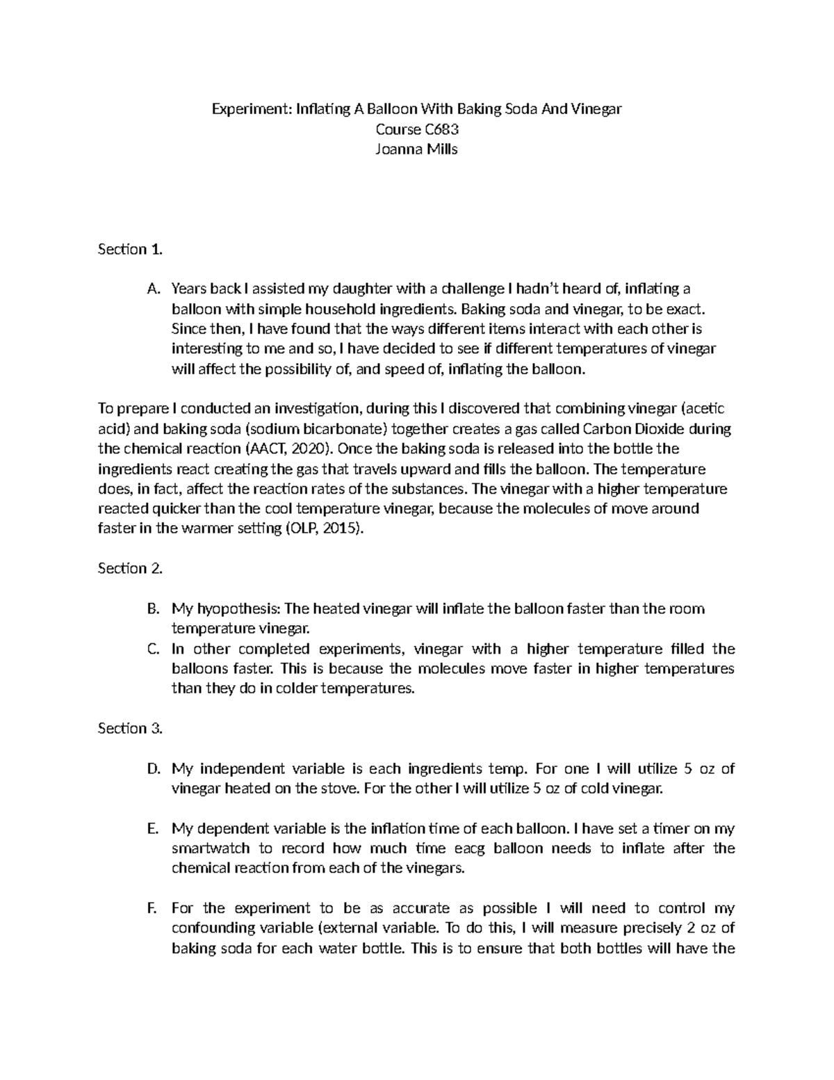 C683 Experiment: Effects of Vinegar Temperature on Balloon Inflation - Studocu