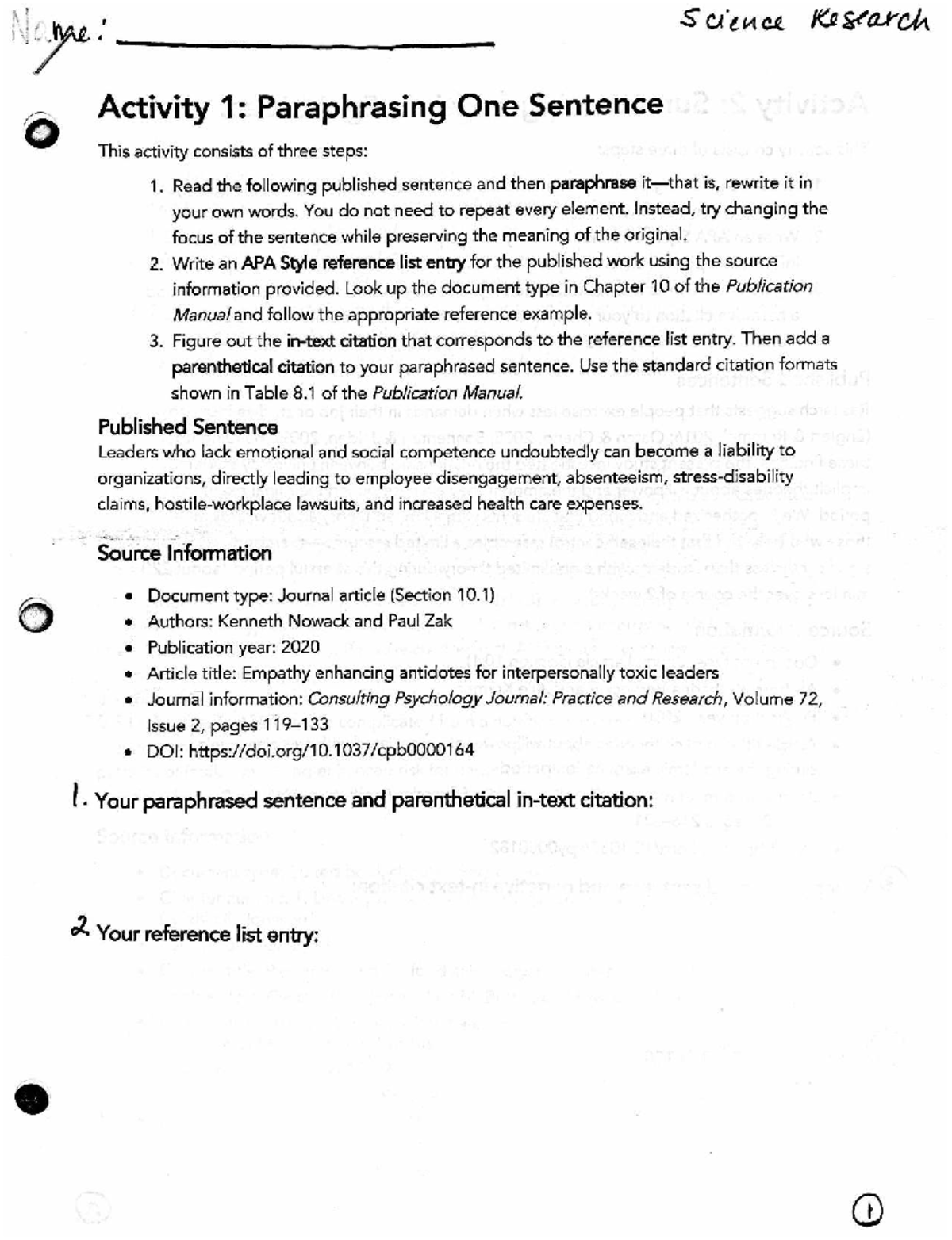Science Nanae! Research Activity 1: Paraphrasing & Citation Practice ...