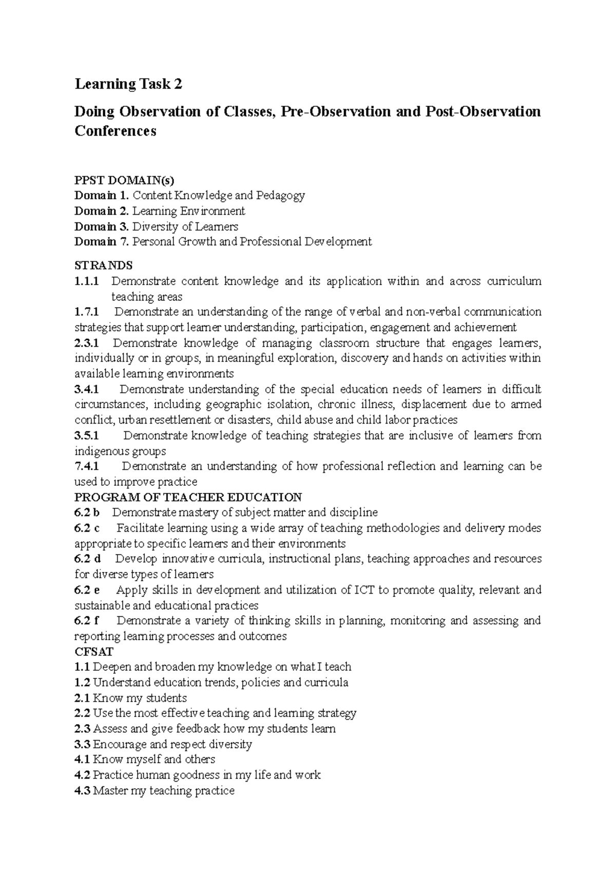Learning Task 2 - Teaching Internship - Learning Task 2 Doing Observation of Classes, - Studocu
