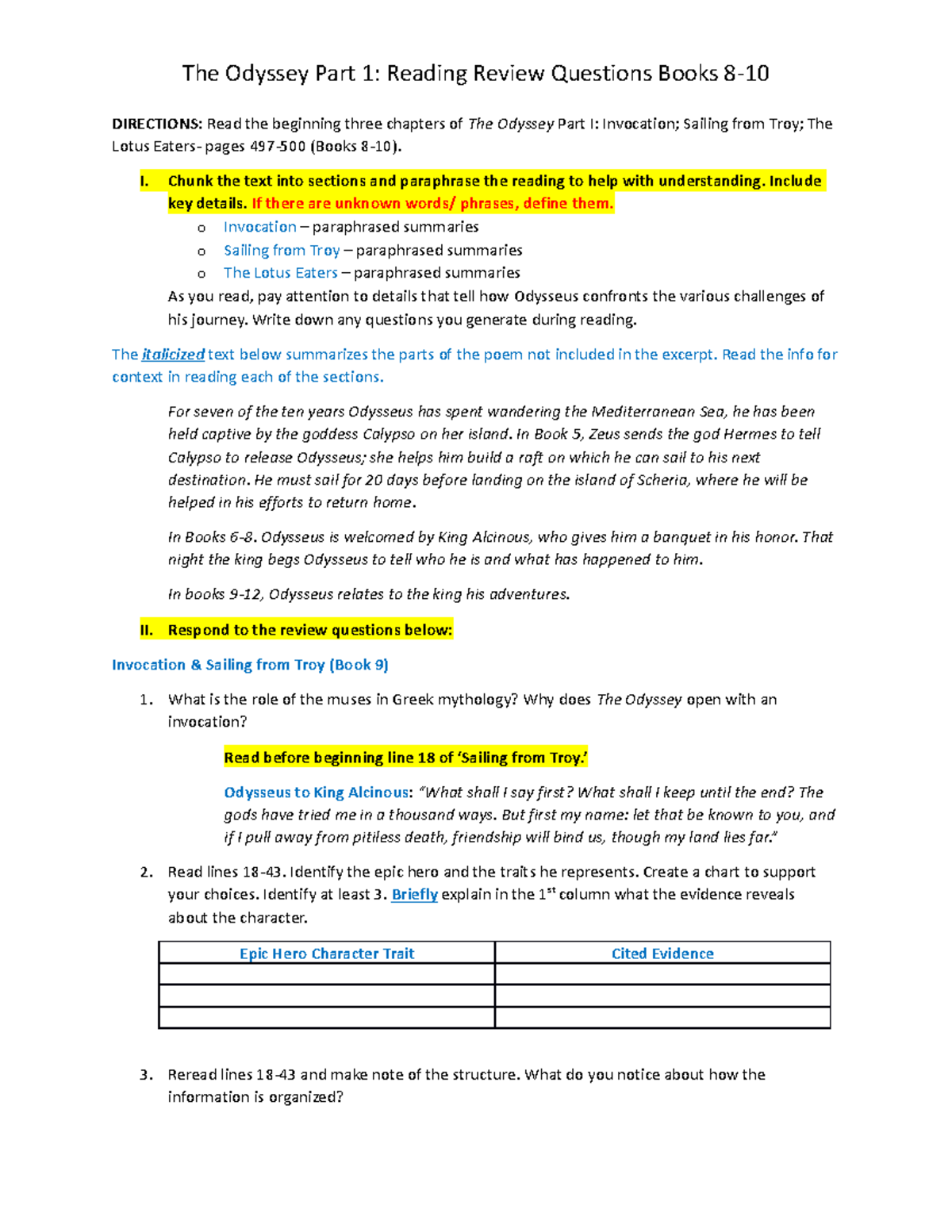 The Odyssey Part 1 Reading Review Questions: Books 8-10 Analysis - Studocu
