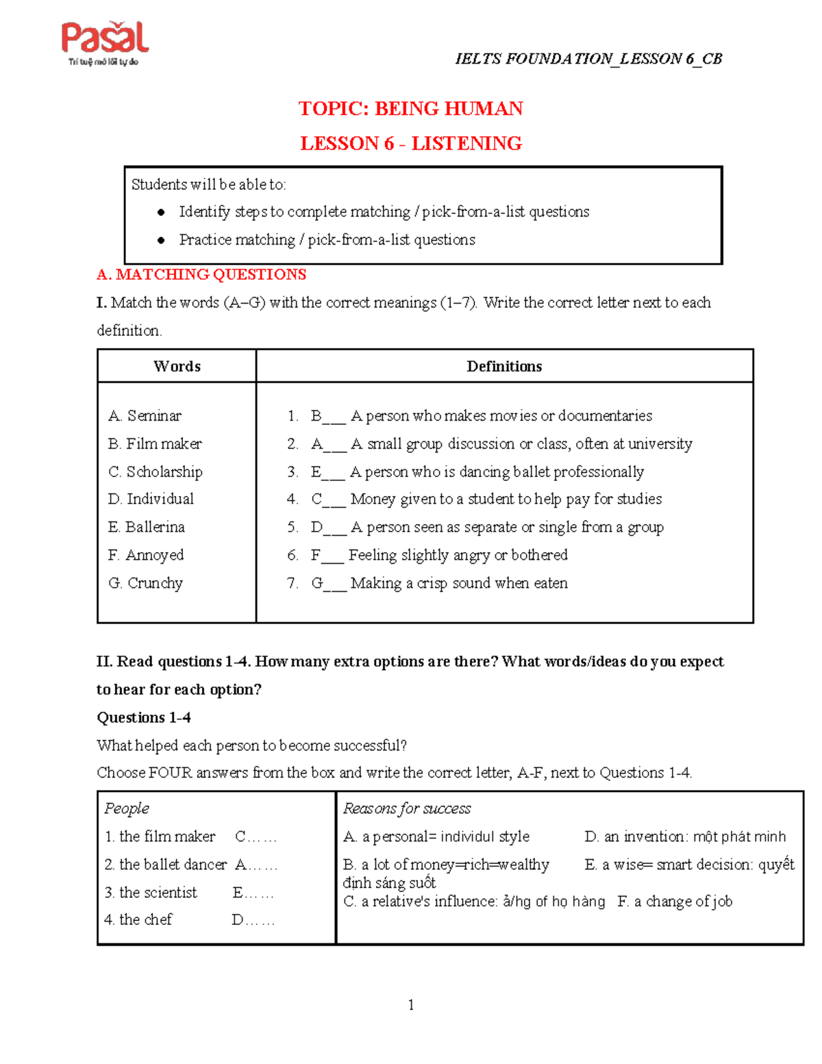 IELTS FOUNDATION_LESSON 6: BEING HUMAN LISTENING GUIDE - Studocu