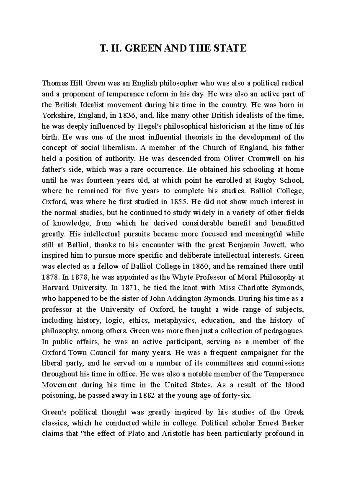 T.H. Green's Philosophy and Its Impact on Social Liberalism - Studocu