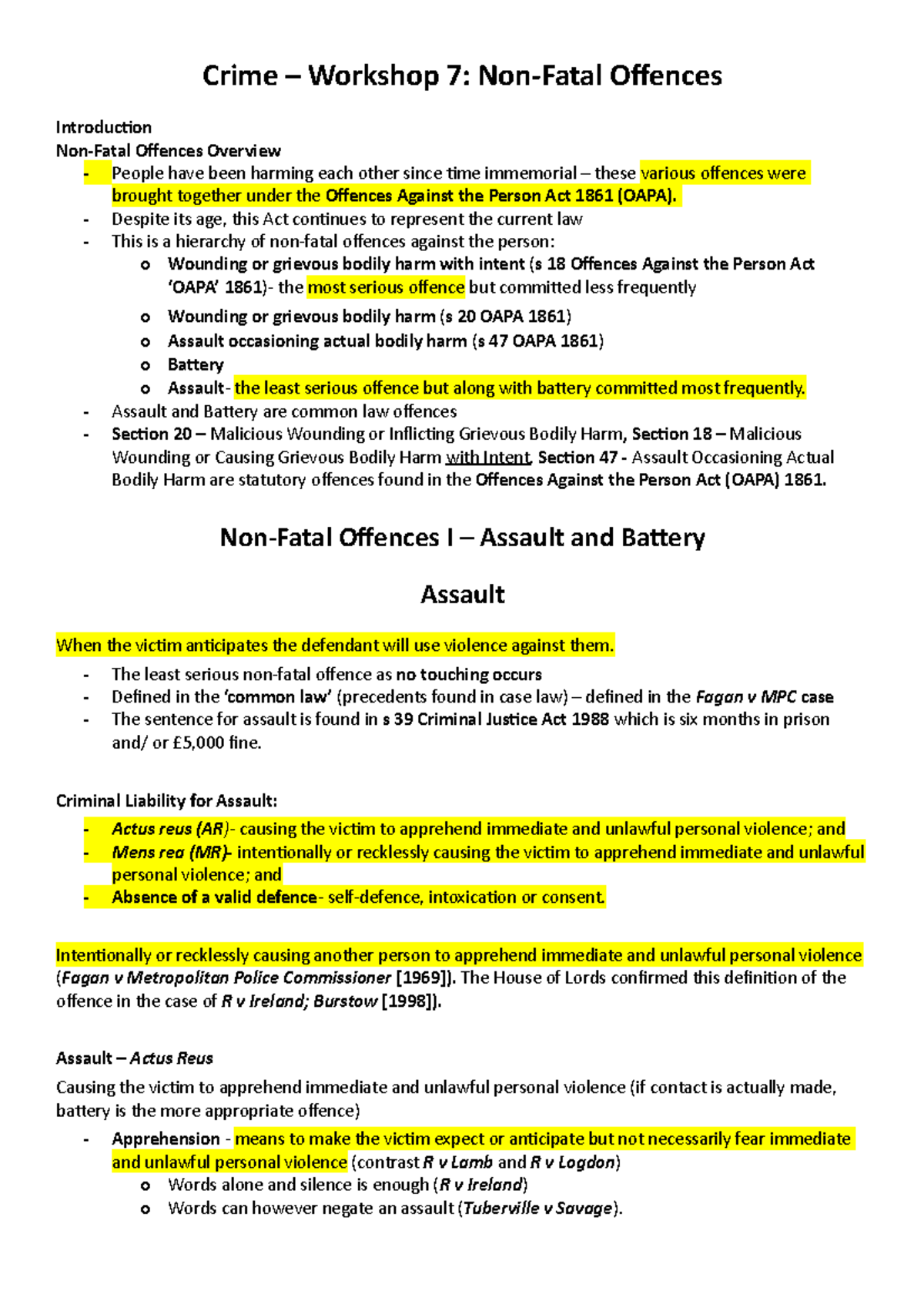 Crime Workshop 7 Prepare - Crime – Workshop 7: Non-Fatal Offences ...