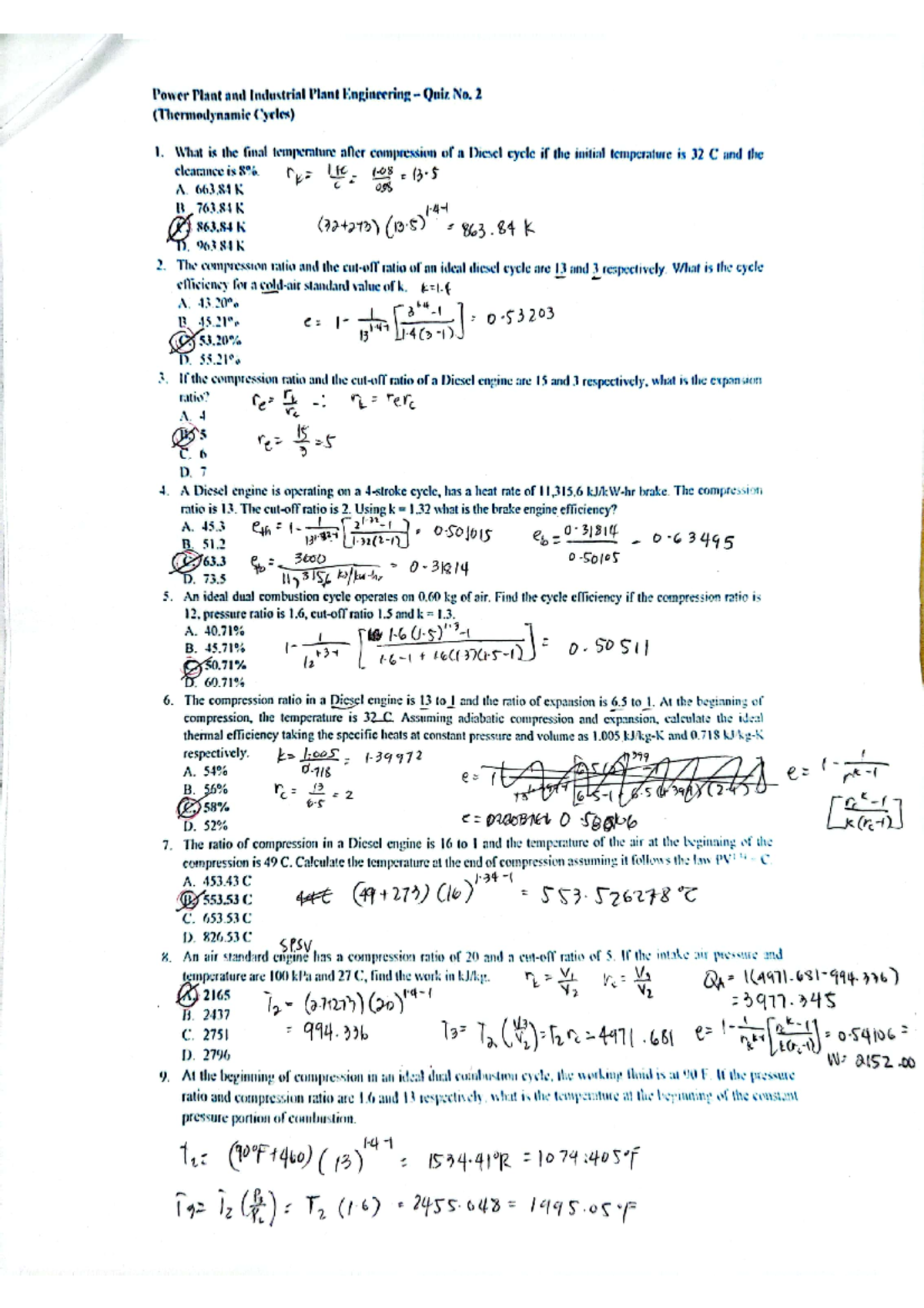 QUIZ 2 - BSME: Thermodynamic Cycles in Power Plant Engineering - Studocu