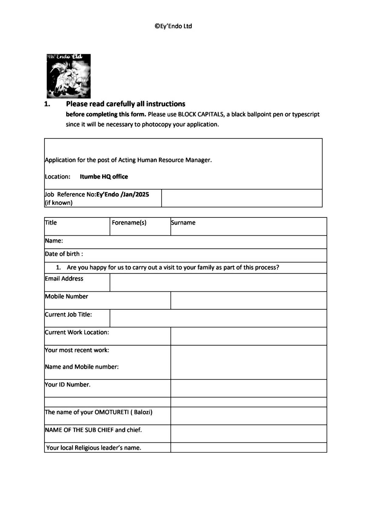 Application Form for Acting HR Manager Position - Ltd NW Endo Tid 1 ...