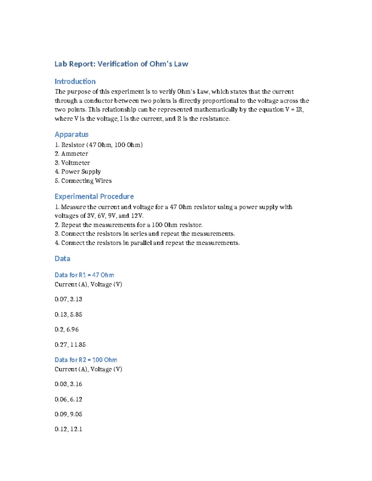 Ohms Law Lab Report - Lab Report: Verification of Ohm's Law ...