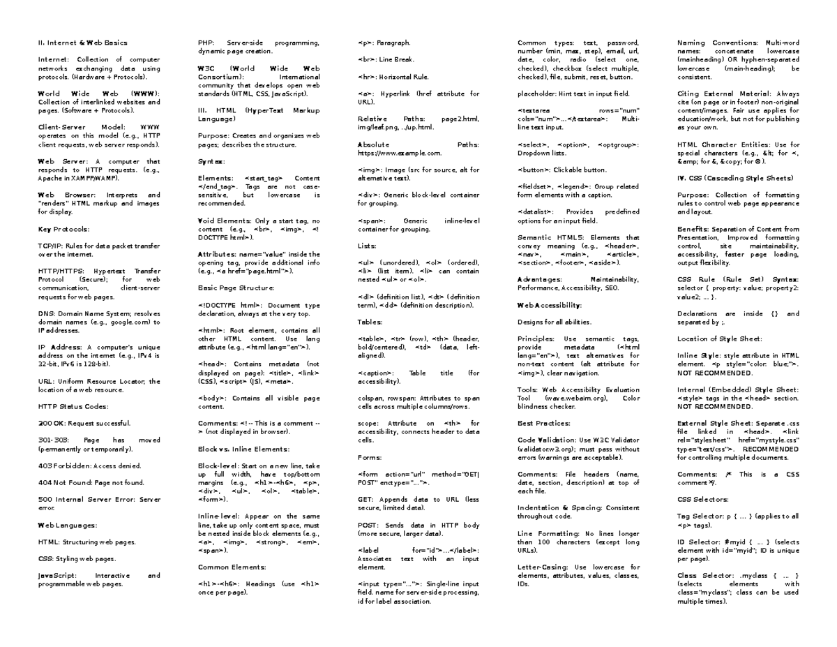 Midterm Cheat Sheet: II. Internet Web Basics & PHP Programming - Studocu