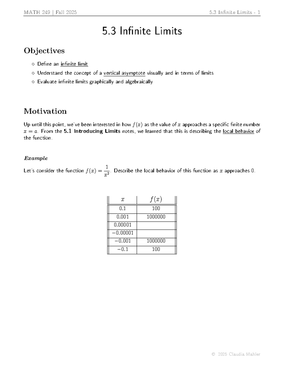 MATH 249 Fall 2025 Lecture Notes: 5.3 Infinite Limits - Studocu