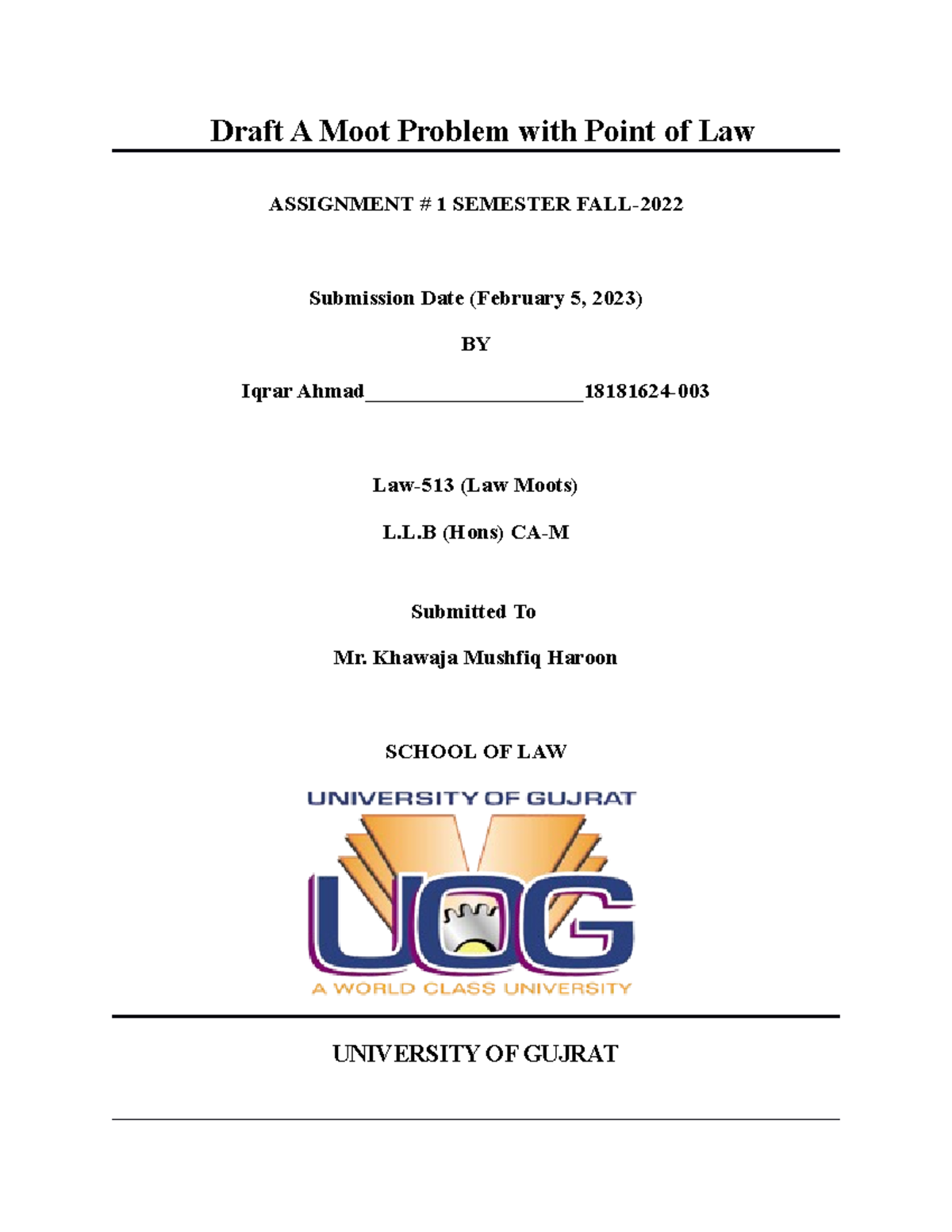 Drafting a Moot Problem: Points of Law - Law-513 Assignment 1 - Studocu