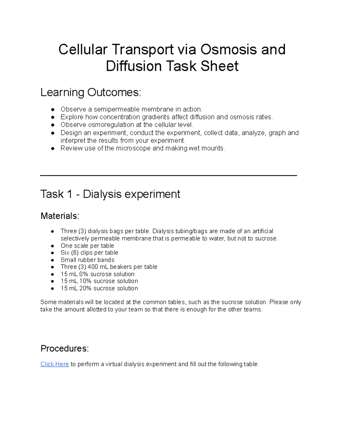 Osmosis & Diffusion Lab Task Sheet - Cellular Transport Methods - Studocu