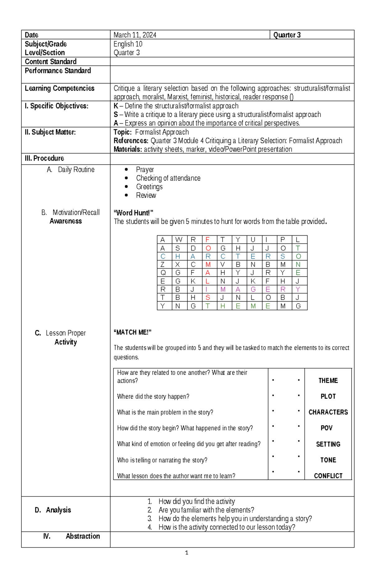 English 10: Quarter 3 Lesson on the Formalist Approach to Literature ...