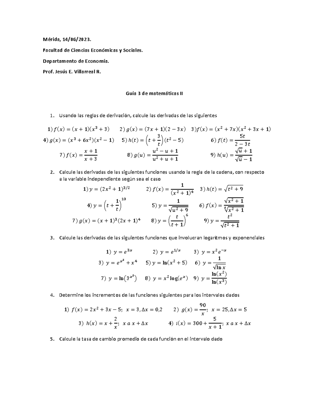 Guía 3 de Derivadas - Matemáticas 2 - Jesús E. Villarreal, Faces ULA ...