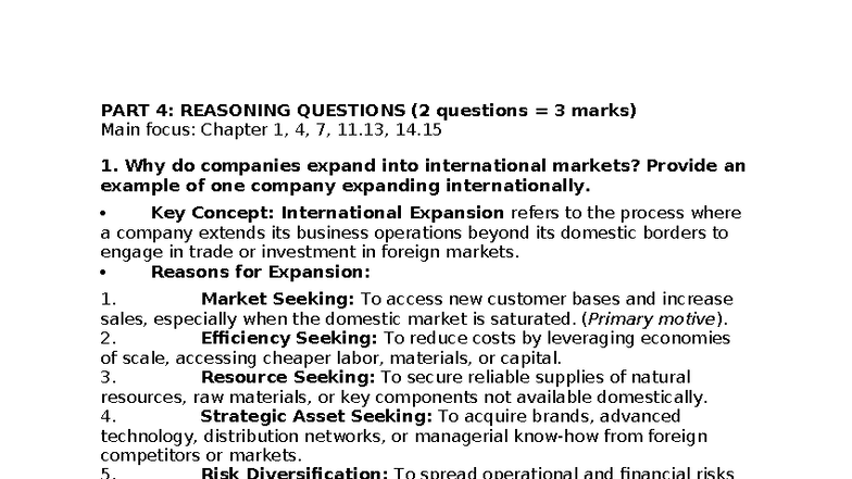 PART 4: REASONING QUESTIONS ON INTERNATIONAL BUSINESS (KDQT) - Studocu