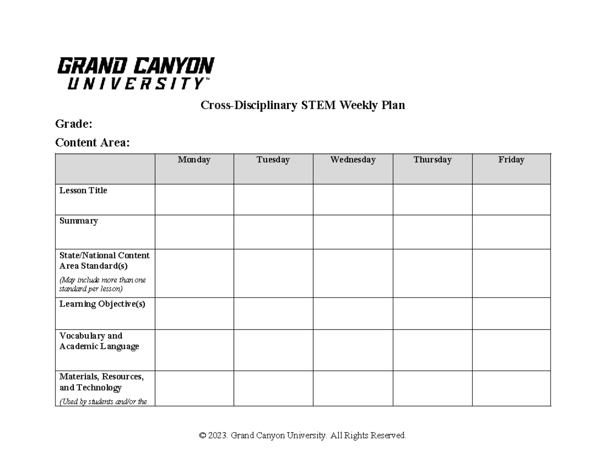 SEC-582-T5-Cross Disciplinary Weekly Plan - Cross-Disciplinary STEM ...