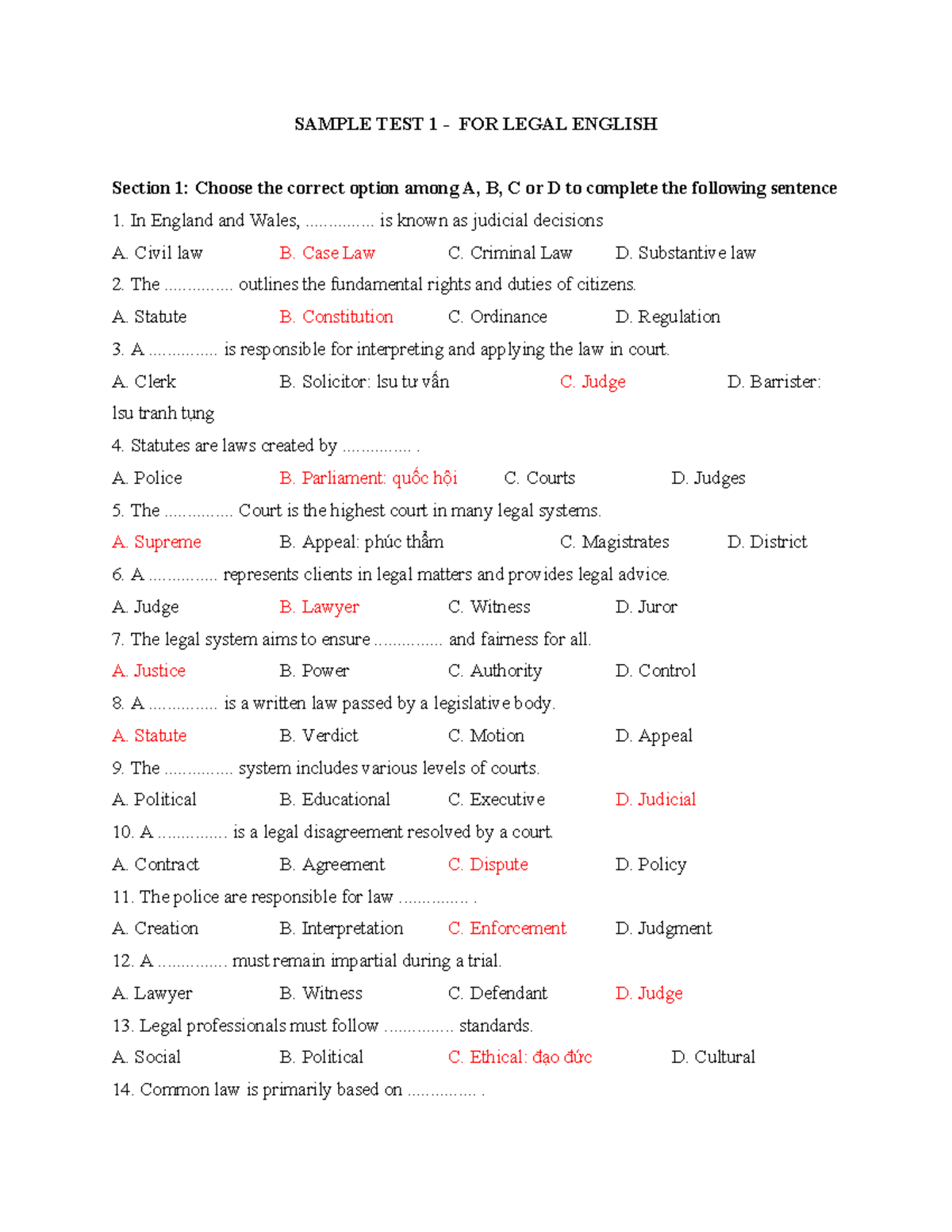 SAMPLE TEST 1 FOR LEGAL ENGLISH: Multiple Choice & True/False - Studocu