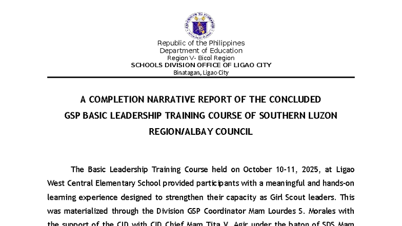 Completion Narrative Report: GSP Basic Leadership Training Course - Studocu