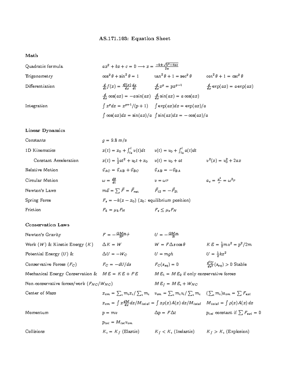 AS.171.103: Final Exam Equation Sheet for Math & Physics - Studocu