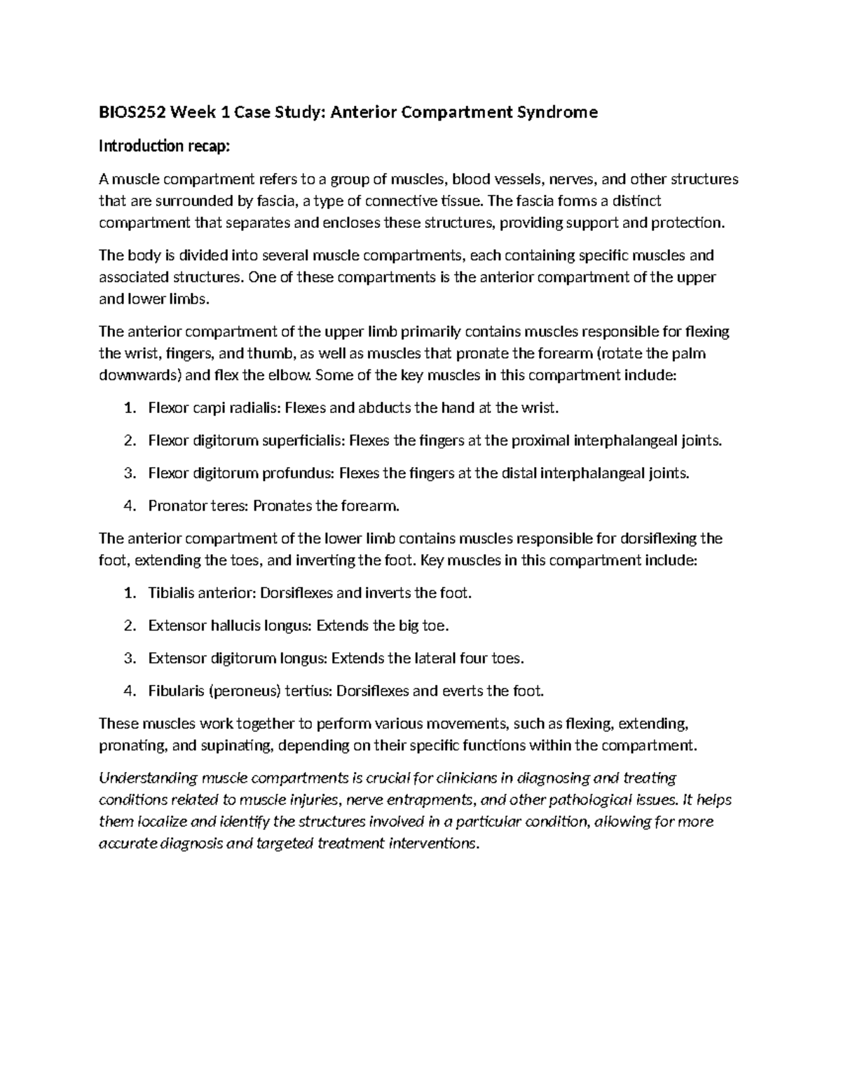 BIOS252 Week 1 Case Study: Understanding Anterior Compartment Syndrome ...