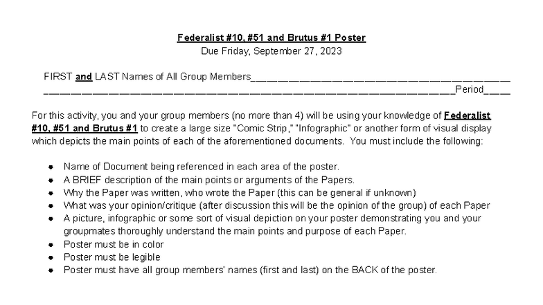 Federalist 10, 51 & Brutus 1 Poster Project Guidelines - Studocu