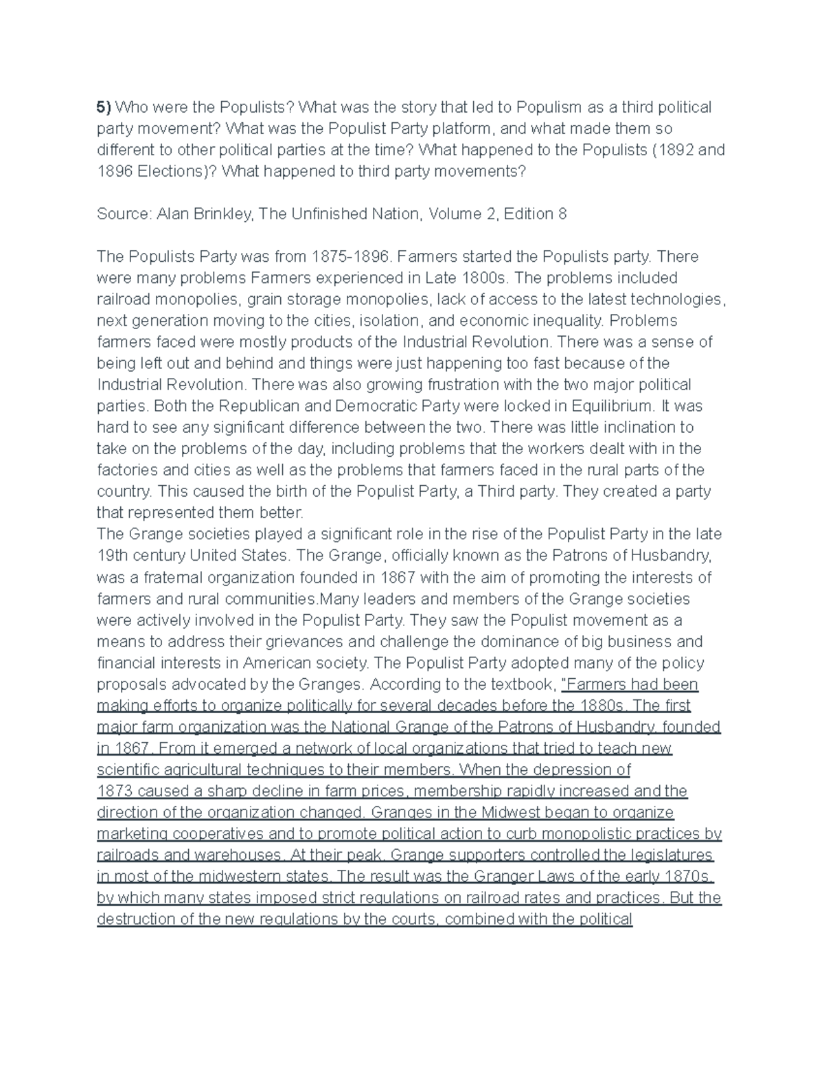 17B Midterm: Analysis of the Populist Party and Its Impact on US ...