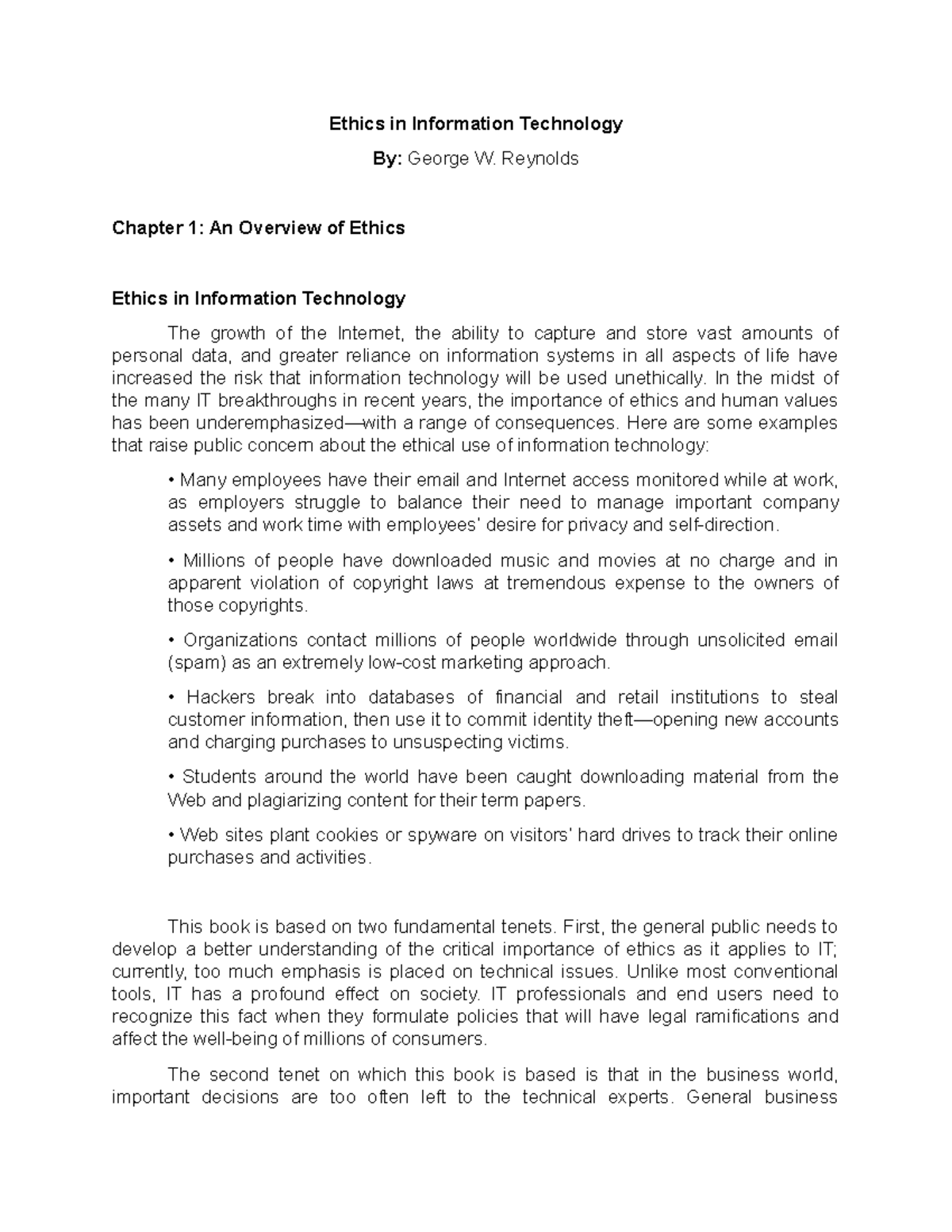 Ethics in Information Technology Chapter 1 An Overview of Ethics ...