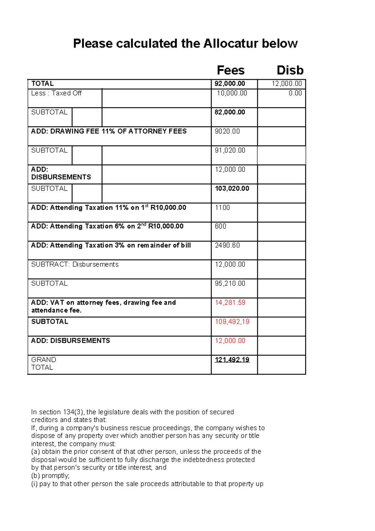 Legal Cost Breakdown and Allocatur Calculation - ALS - Studocu