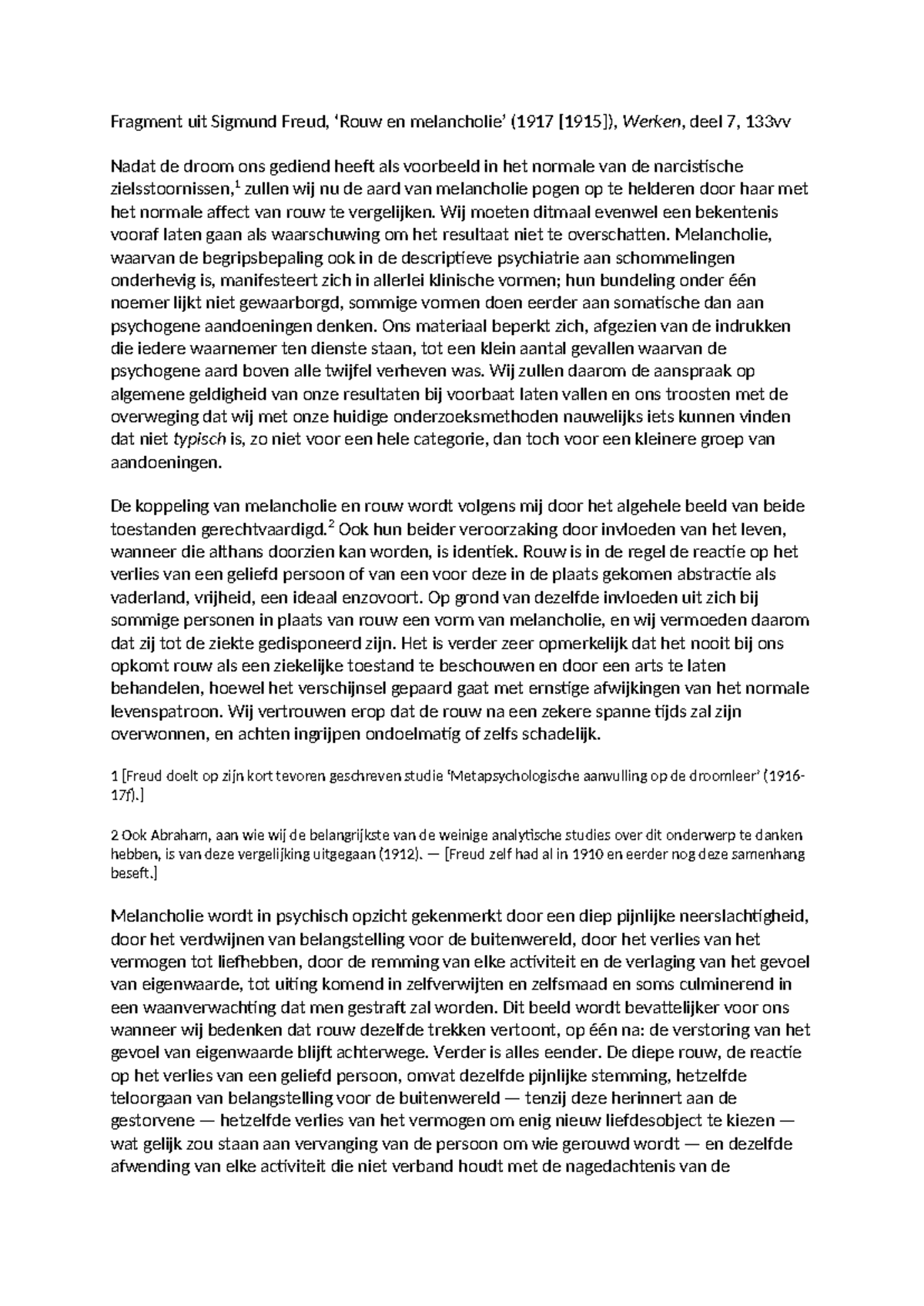 Fragment uit Sigmund Freuds 'Rouw en Melancholie' (1917) - Studocu