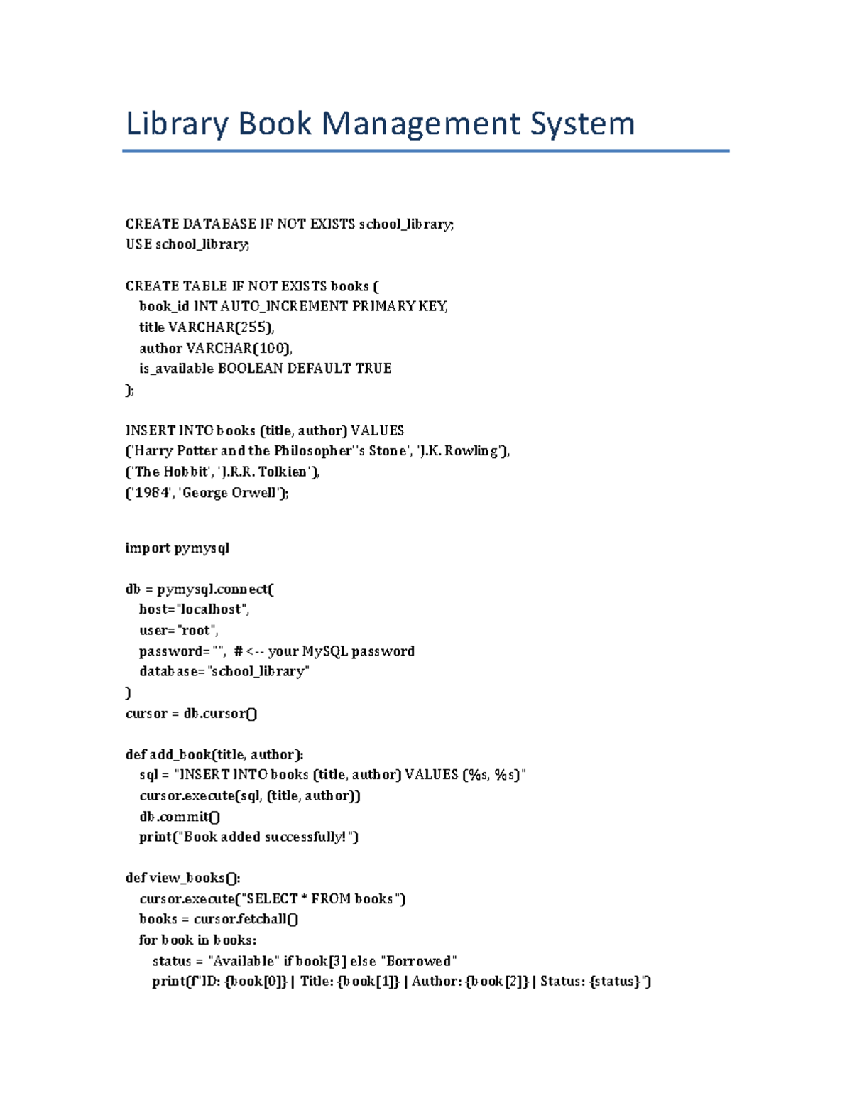 Library Book Management System: Database & Functions Overview - Studocu