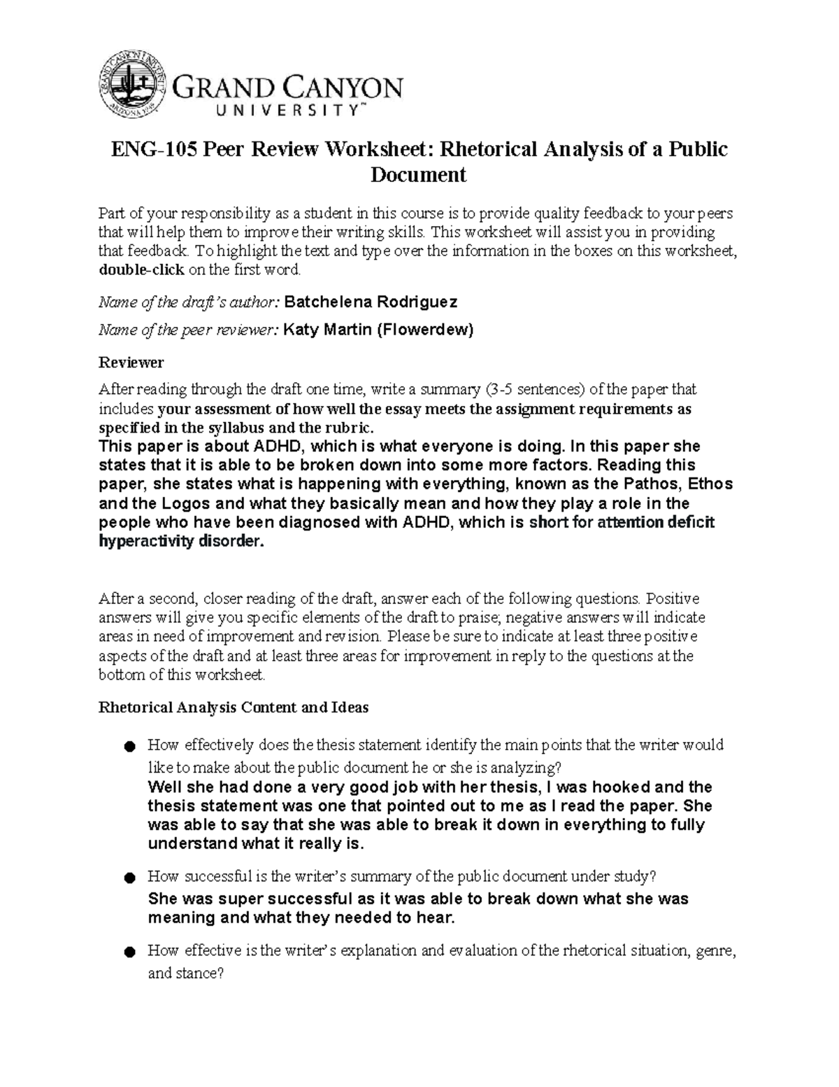 ENG-105-RS-Rhetorical Analysis Peer Review Worksheet Online - ENG-105 ...