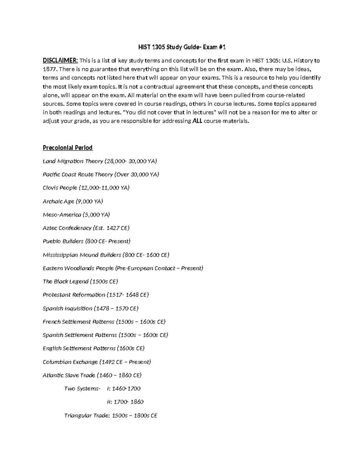 HIST 1305 Exam I Study Guide: Key Terms & Concepts - Studocu
