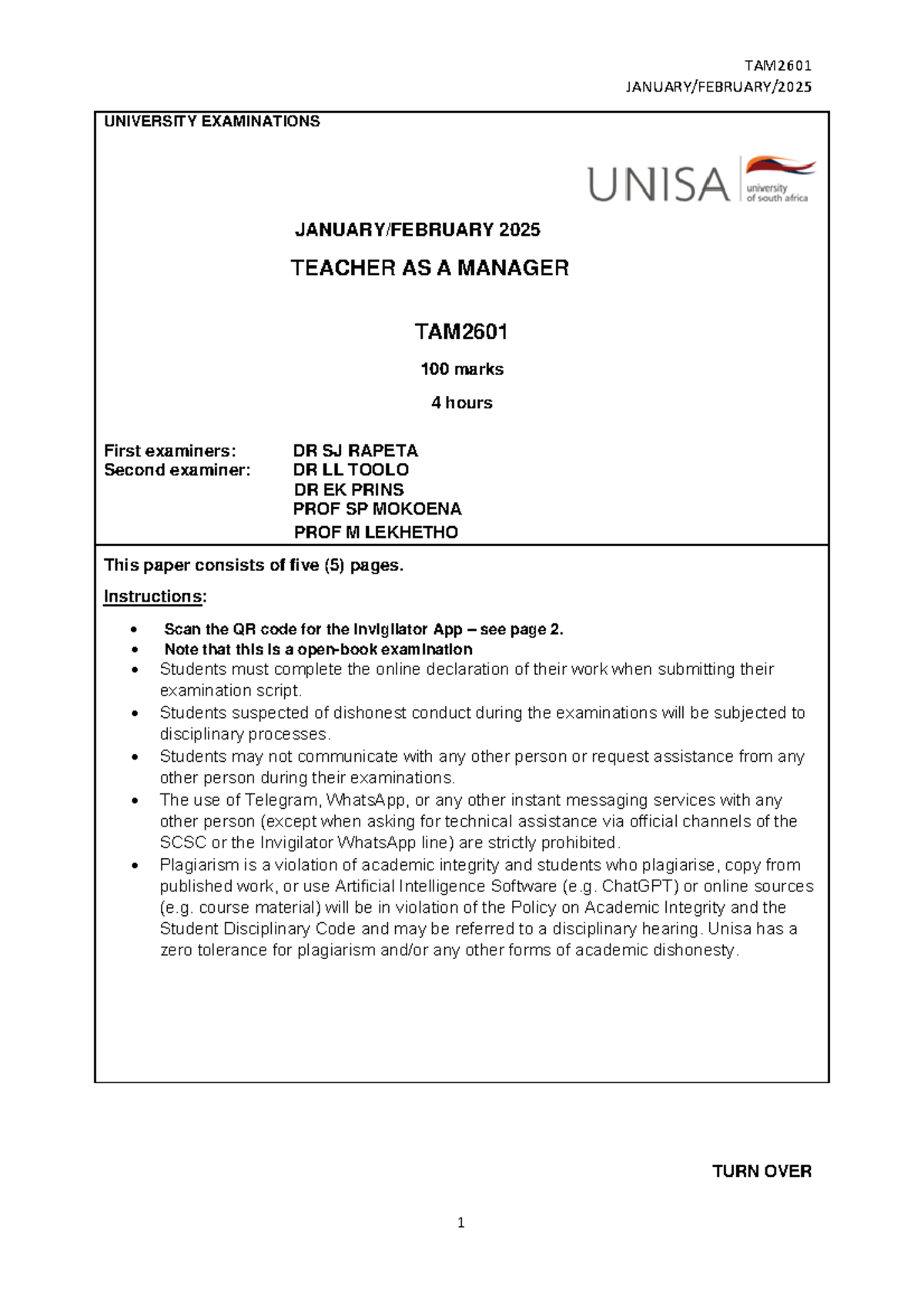 TAM2601 JAN/FEB 2025 QP Final Exam: Teacher as a Manager Insights - Studocu