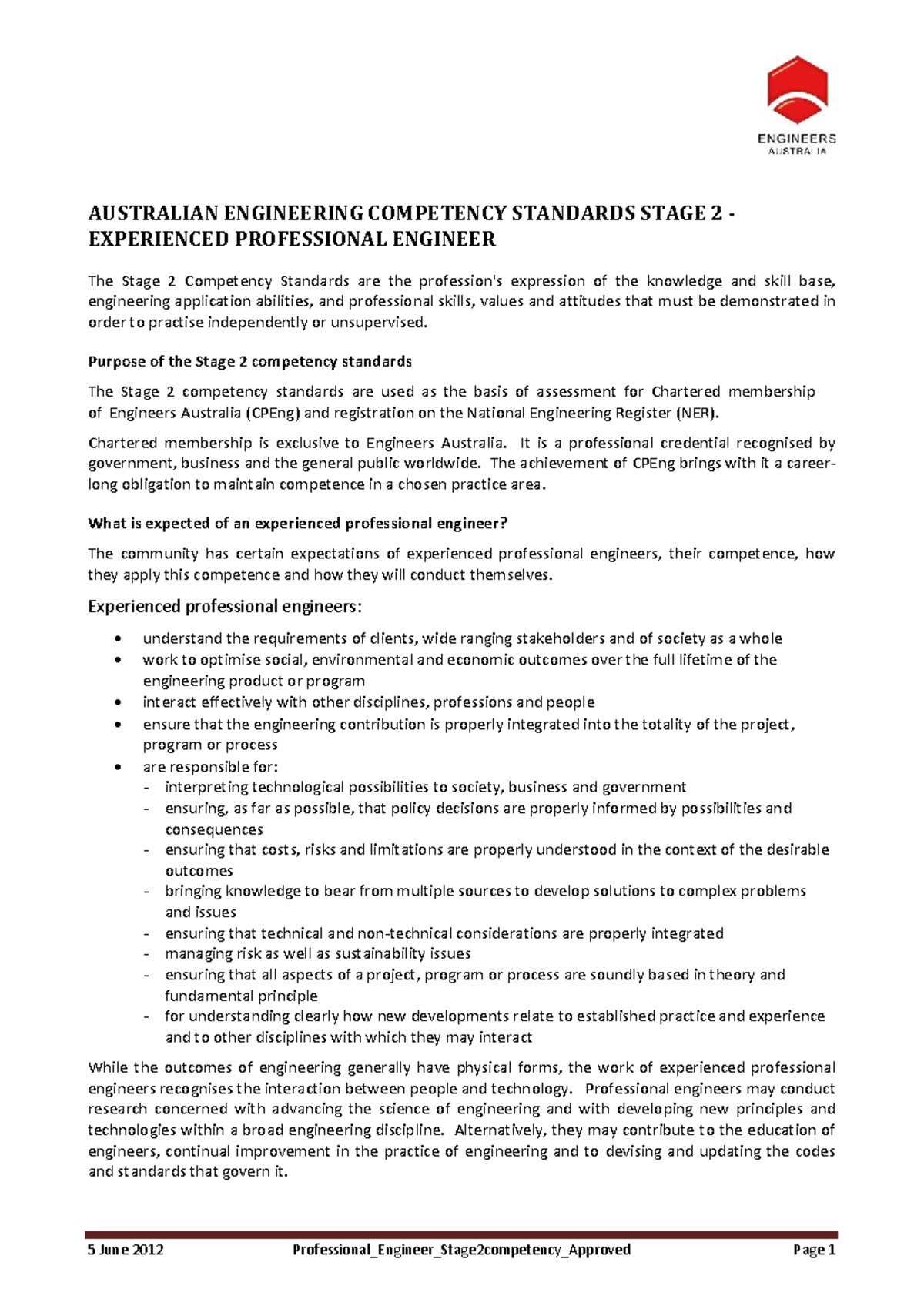 AUSTRALIAN ENGINEERING COMPETENCY STANDARDS STAGE 2: PROFESSIONAL ...